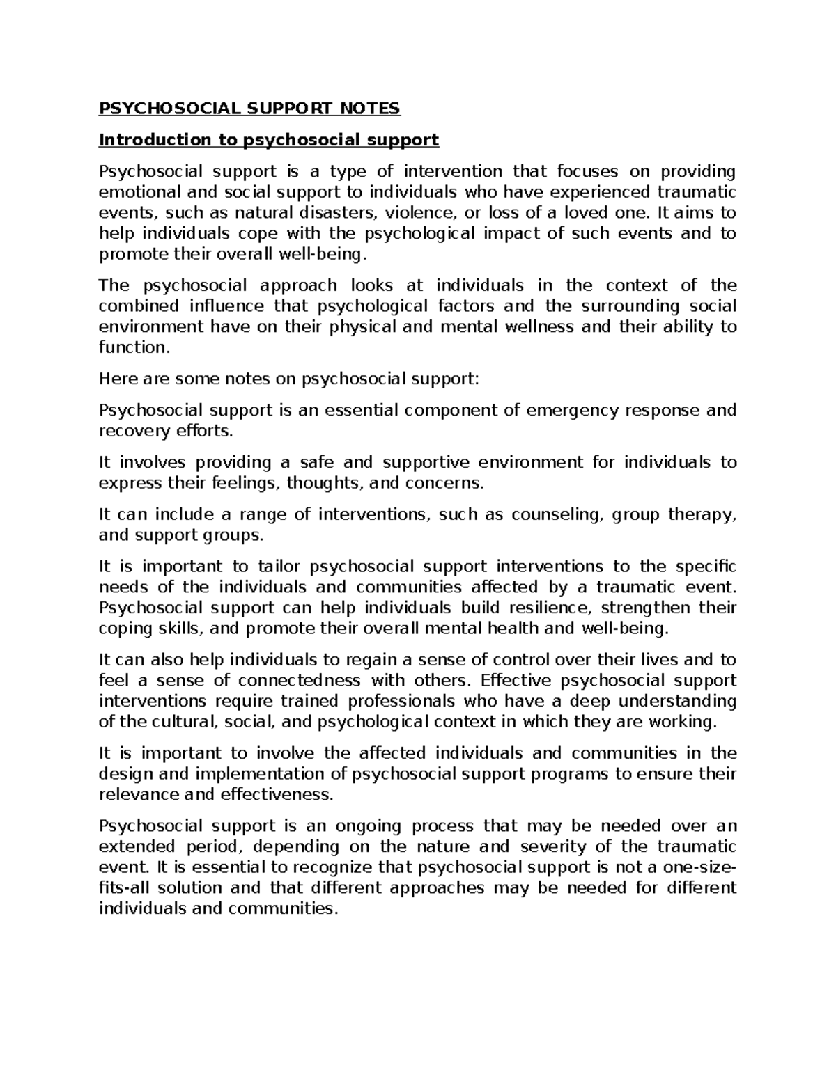 Psychosocial Support Overview and Key Principles Notes - Studocu
