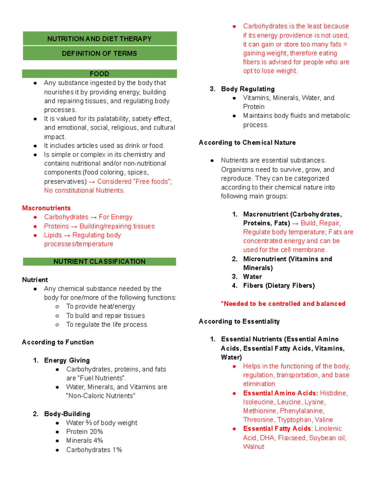 NUTRITION AND DIET THERAPY: KEY TERMS AND CONCEPTS EXPLAINED - Studocu