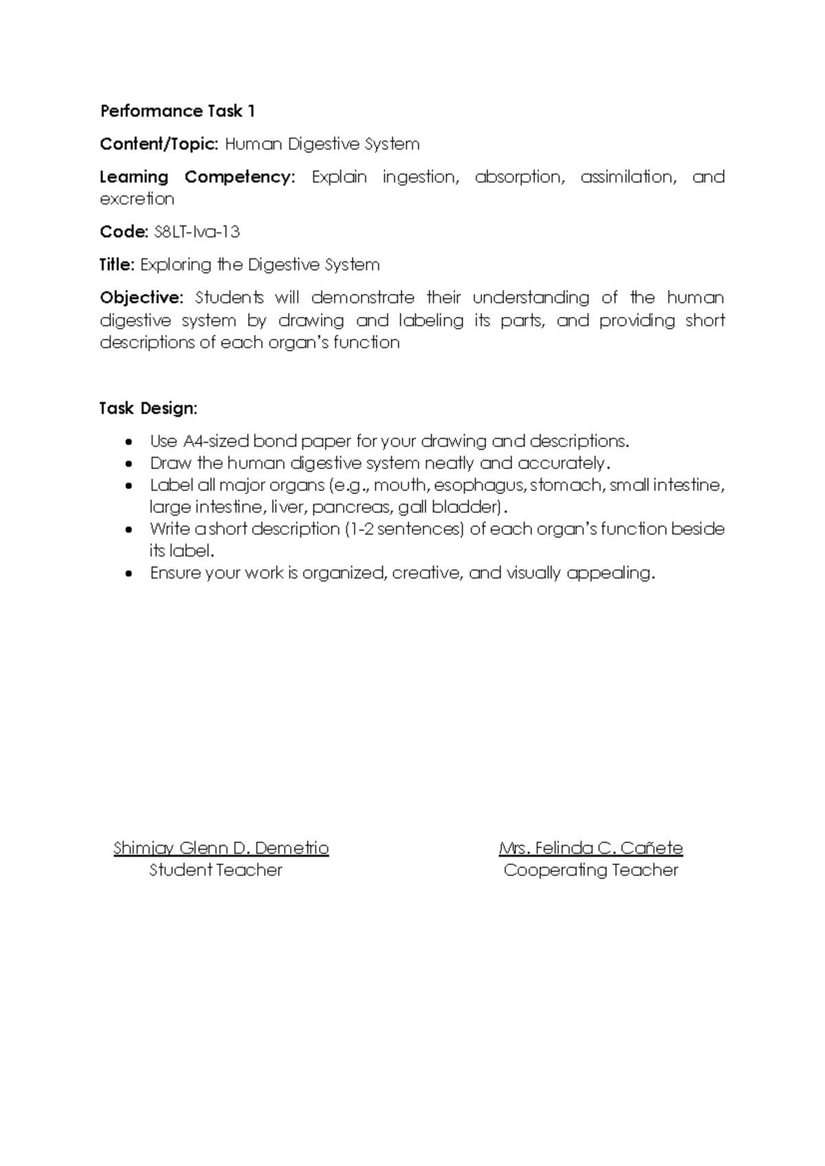 Performance Tasks Overview: Human Digestive System, Meiosis, Ecosystem ...