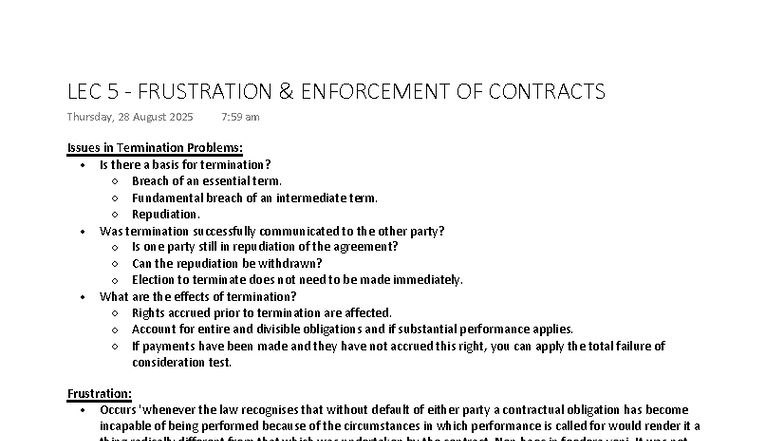 LEC 5 - Frustration & Enforcement of Contracts Overview - Studocu