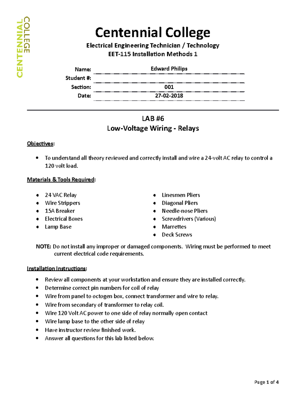 Eet115 lab 6 Low voltage wiring - Centennial College Electrical ...