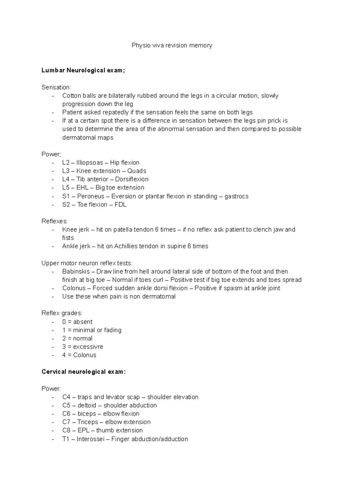 Physio Viva Revision: Neurological Sensation & Reflexes (L2-S2) - Studocu