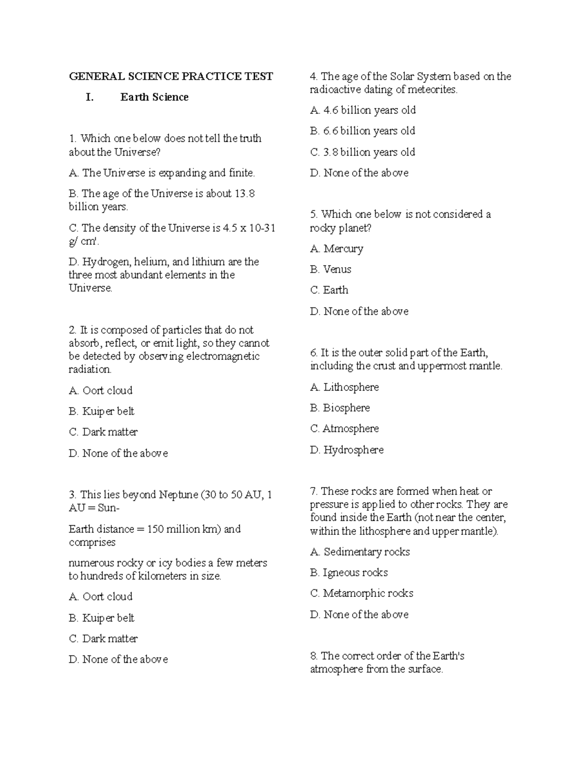 CET Review Science - Entrance Exam - GENERAL SCIENCE PRACTICE TEST I ...