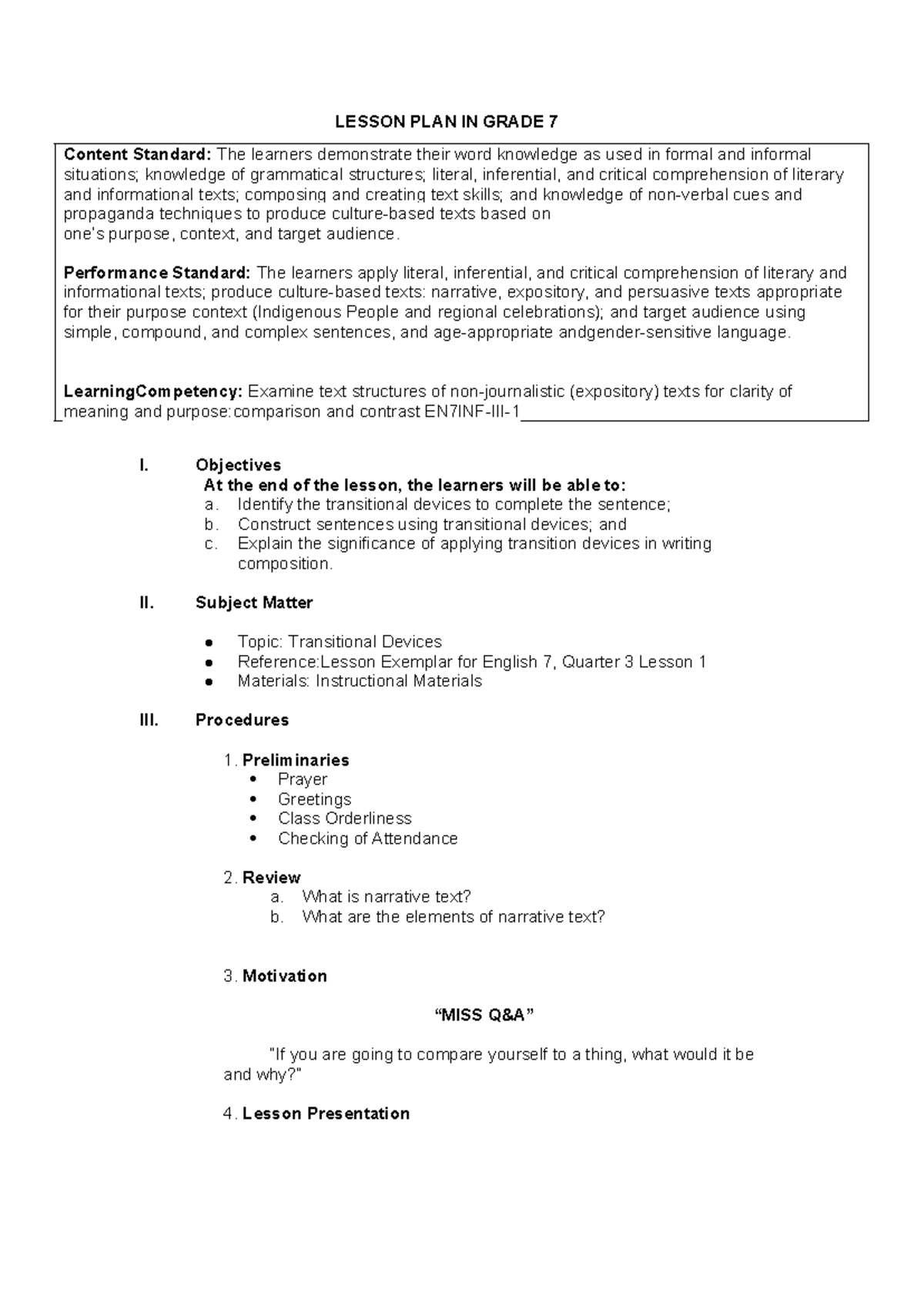 Grade 7 Lesson Plan: Understanding Transitional Devices in Writing ...