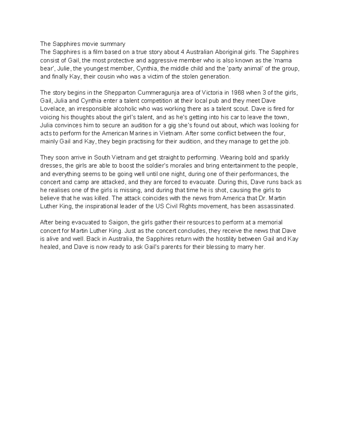 The Sapphires Film Summary: A Touching True Story of Resilience - Studocu