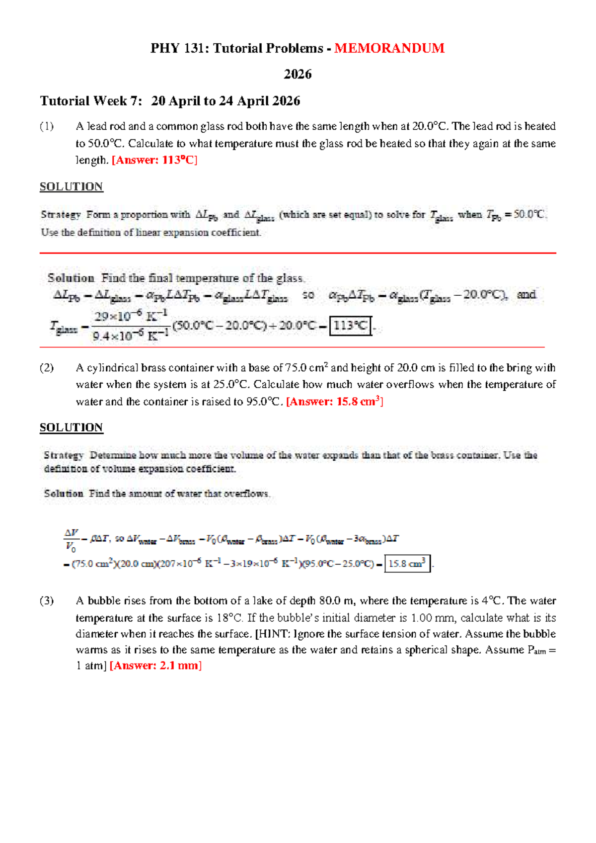 PHY 131: Tutorial Problems Memo for Week 7 (20-24 April 2026) - Studocu