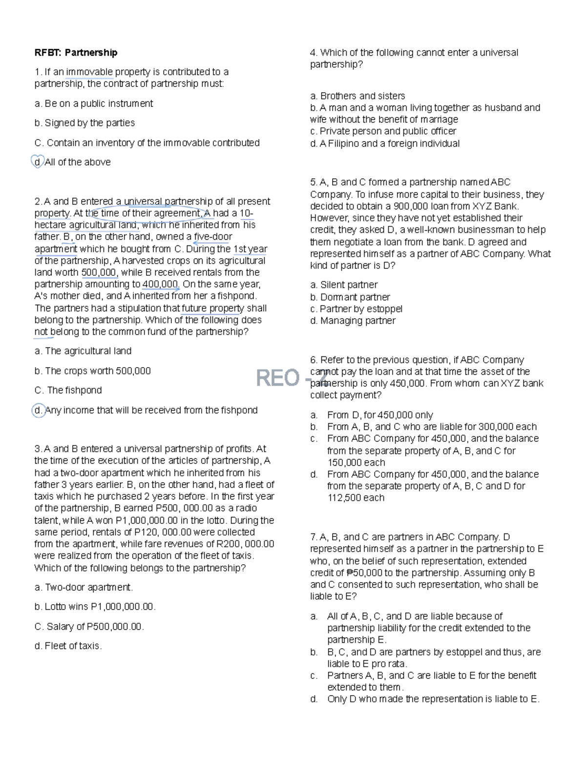 RFBT 101: Partnership Drills and Exam Review Questions - Studocu