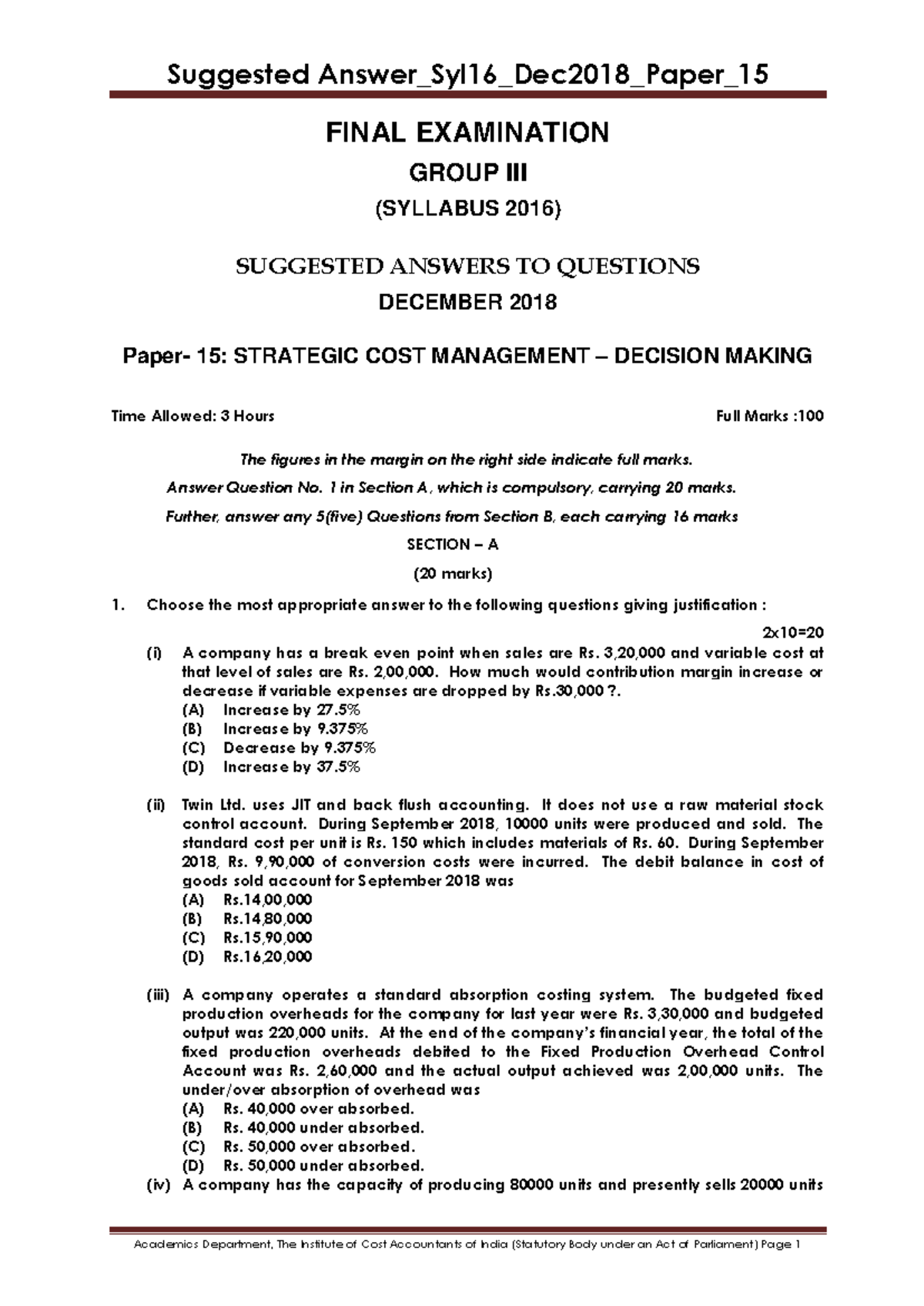 Final Exam Suggested Answers for SCM Paper-15 (Dec 2018) - Studocu