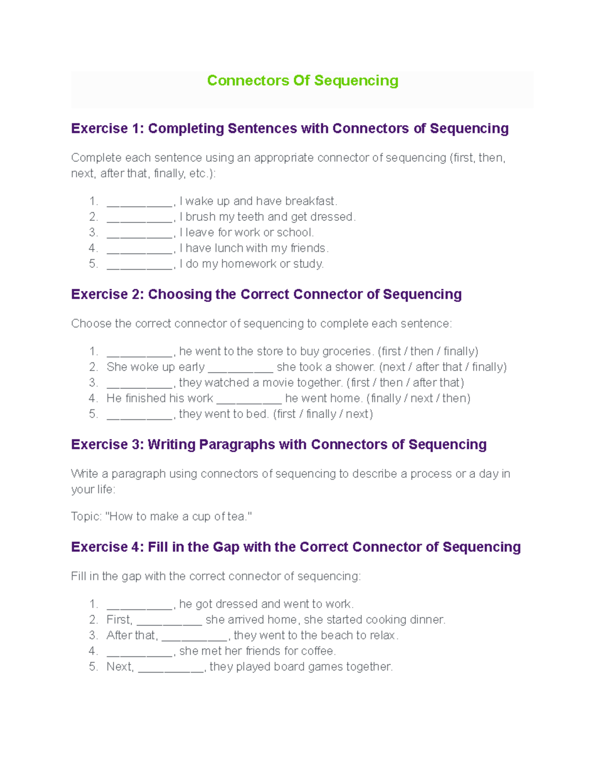 Connectors of Sequencing Exercise Practice - Studocu