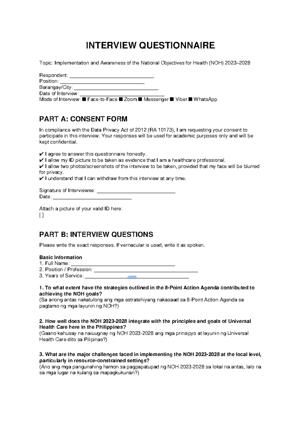 NOH Implementation Interview Questionnaire for Healthcare Professionals ...