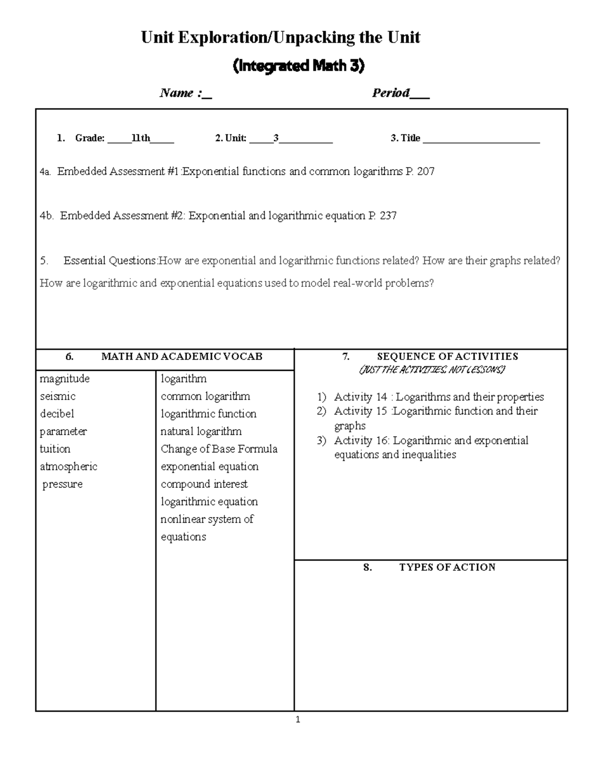 Unit 3 Exploration Graphic Organizer - Unit Exploration/Unpacking the ...