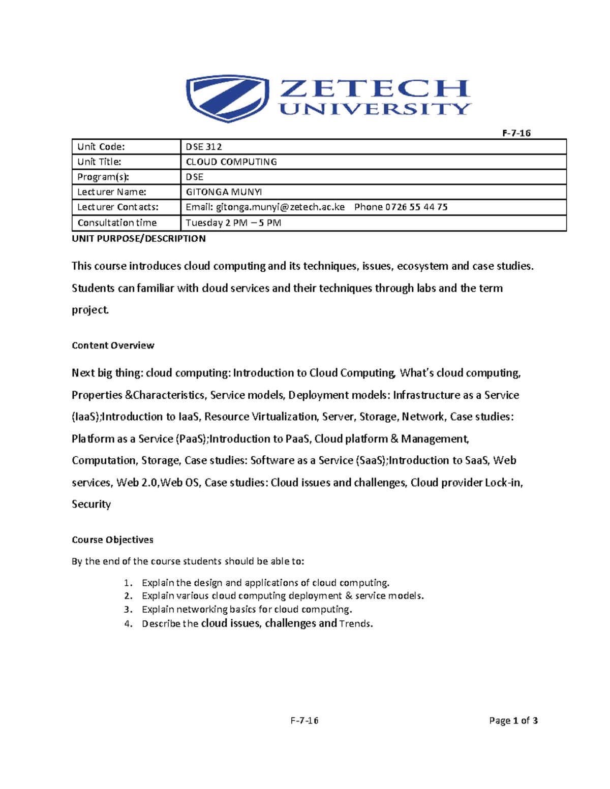DSE 312 - Cloud Computing Course Outline and Syllabus - Studocu