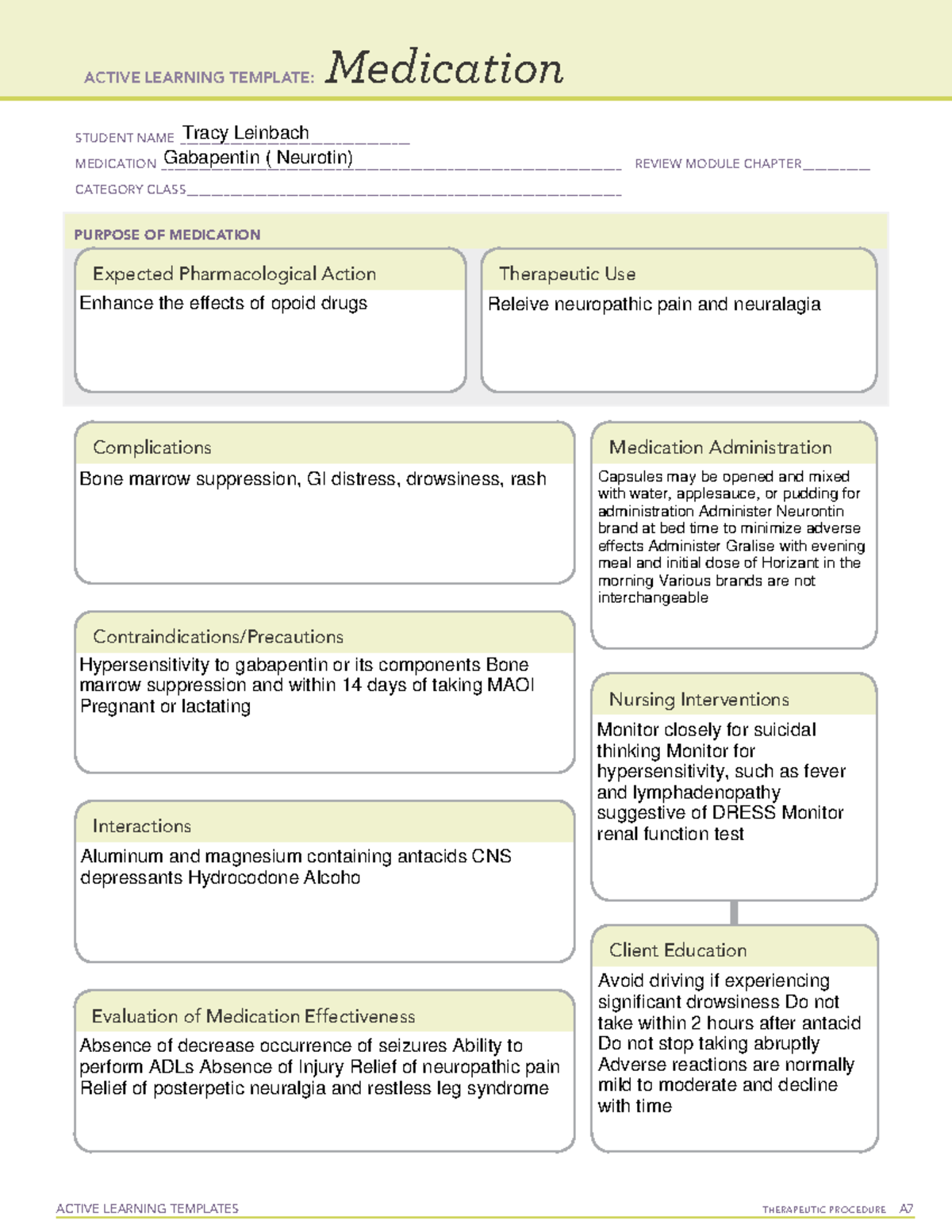 Gabapentin Medication Card - Key Nursing Interventions & Actions - Studocu