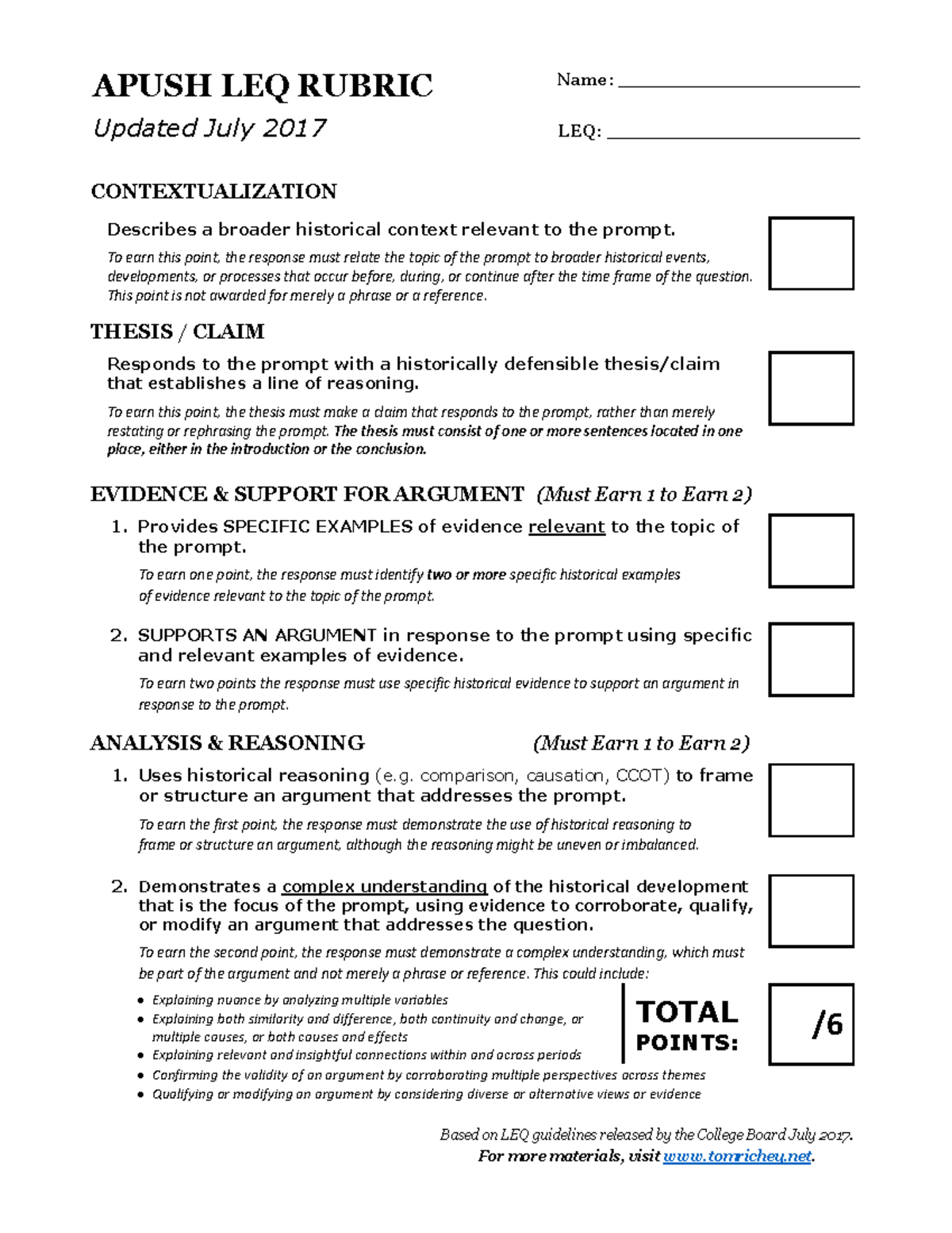 APUSH LEQ Rubric - Updated Guidelines for 2017 Assessment - Studocu