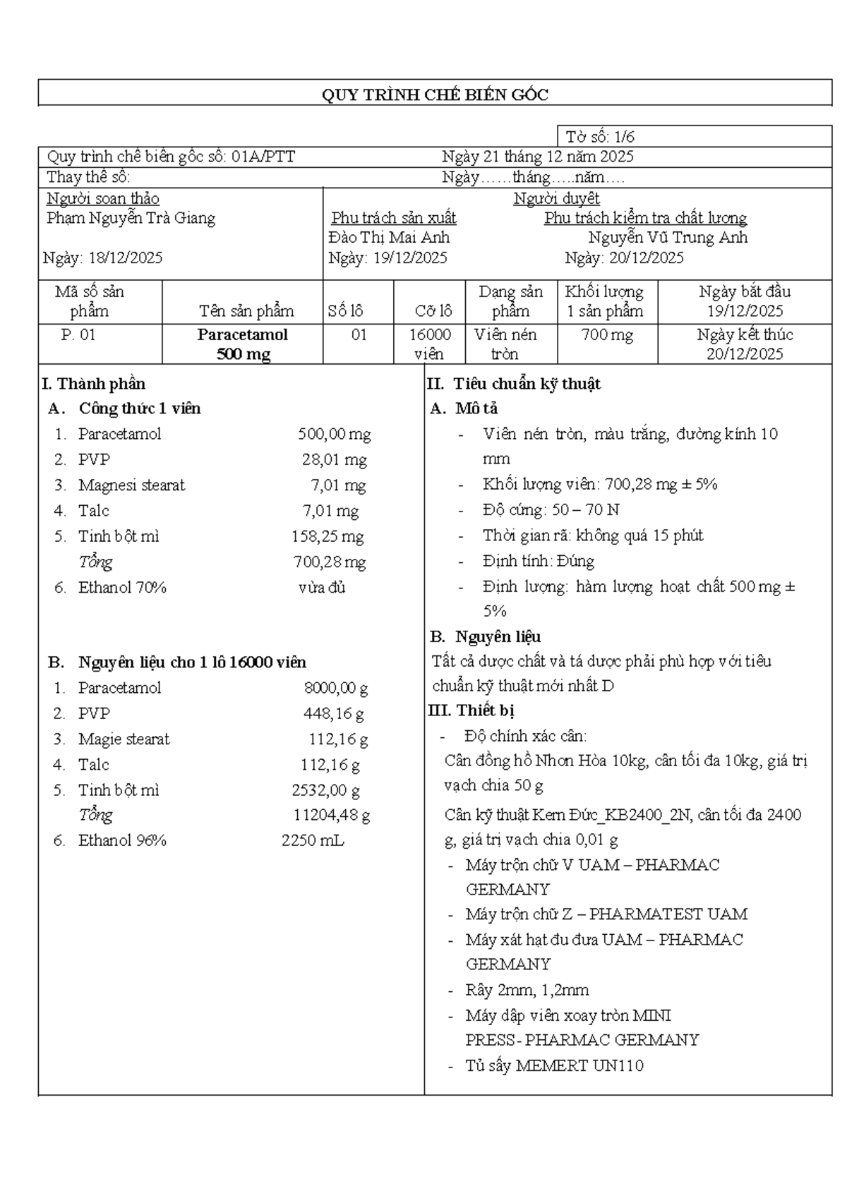 QUY TRÌNH CHẾ BIẾN GỐC Paracetamol 500 mg - SX2 - Studocu