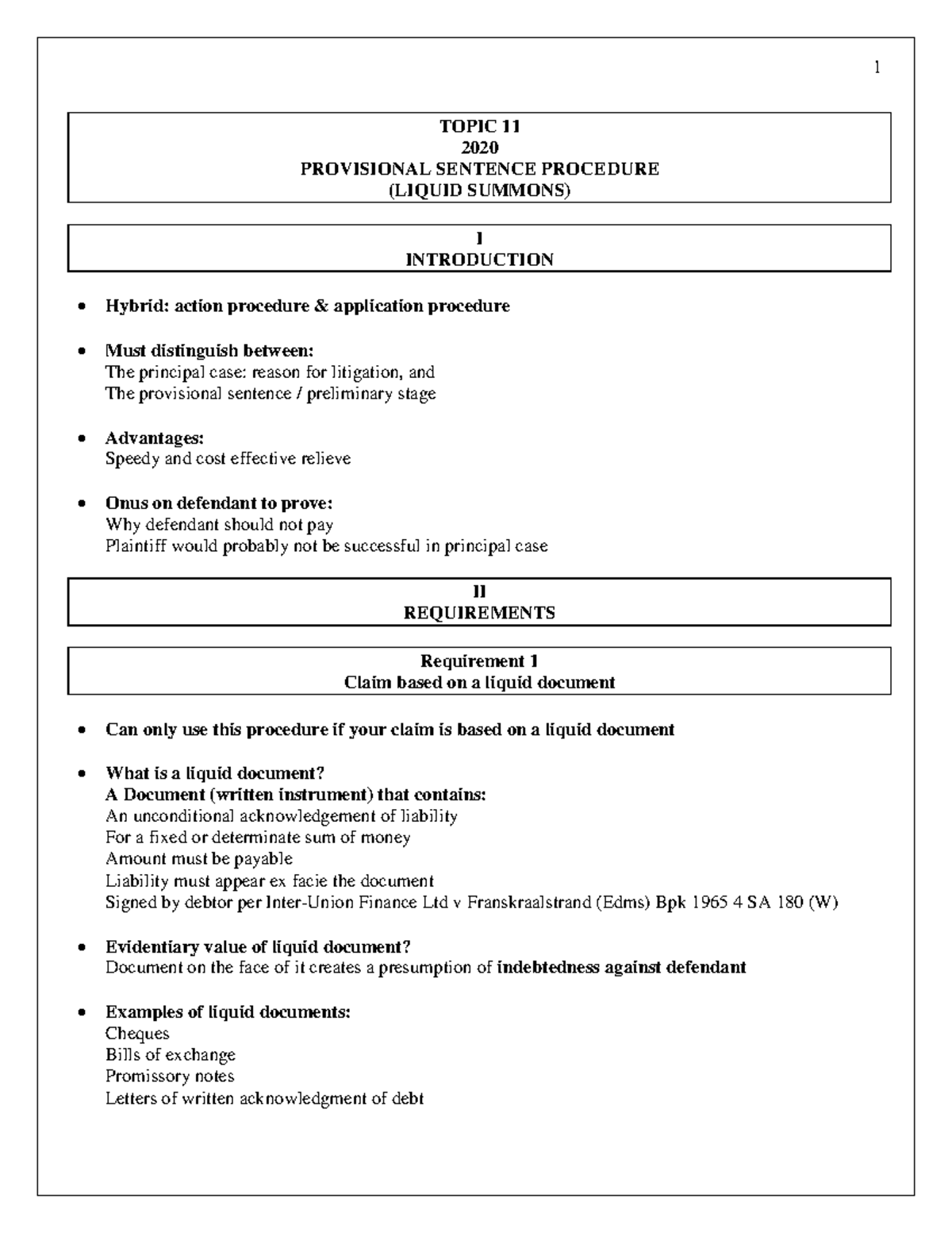 Civil Law Topic 11: Provisional Sentence Procedure Insights - Studocu