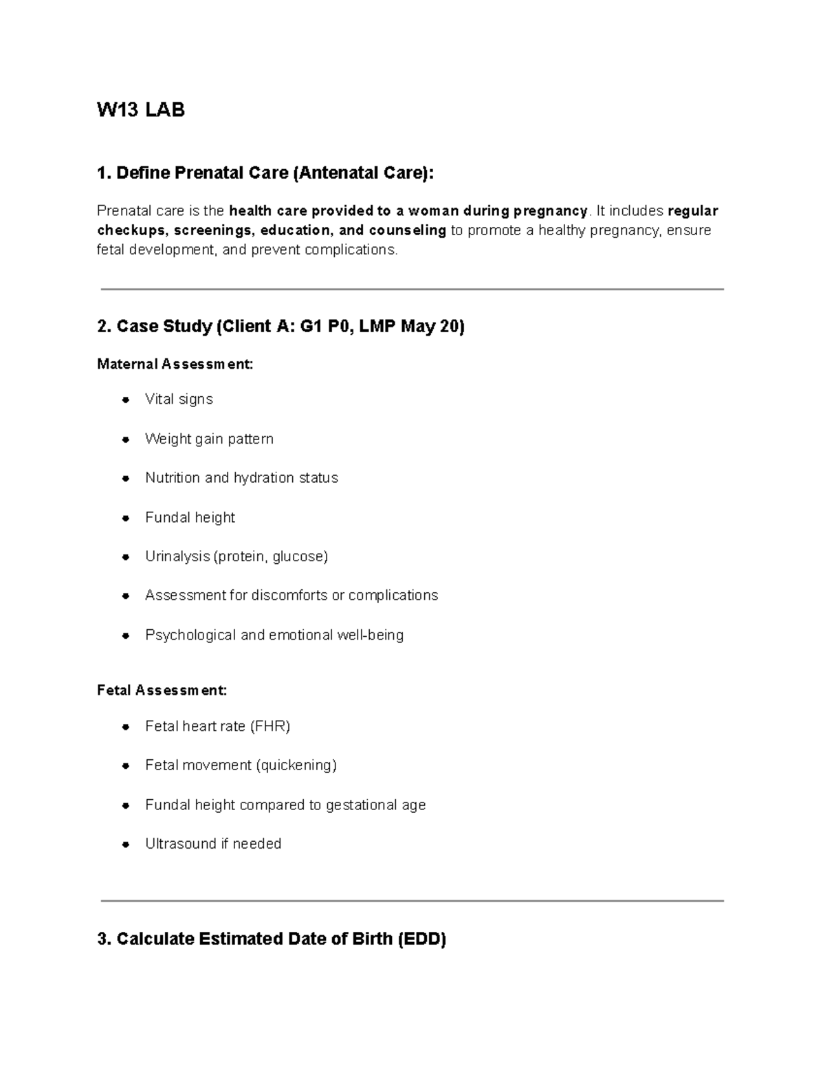 W13 LAB - prenatal care and maternal assessment notes - Studocu