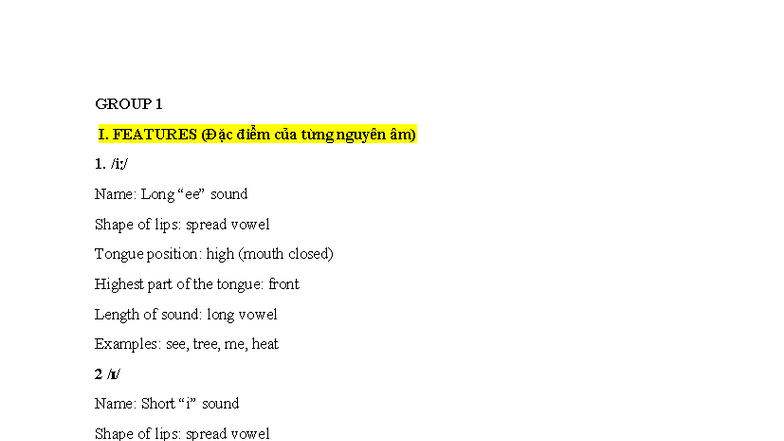 GROUP 1 Vowels: Features of Long and Short Sounds - Studocu