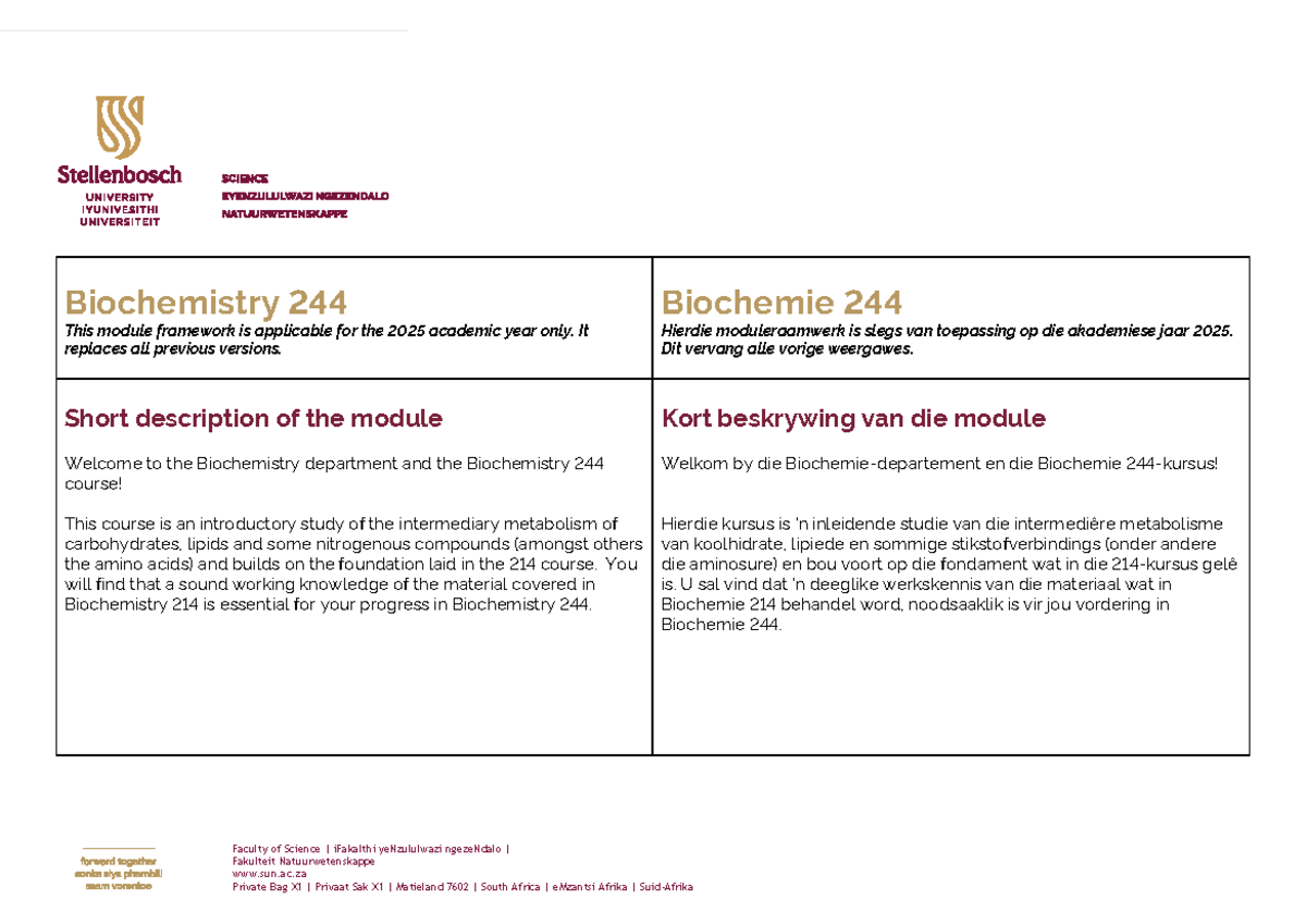 Biochemistry 244 Module Framework for 2025 Academic Year - Studocu