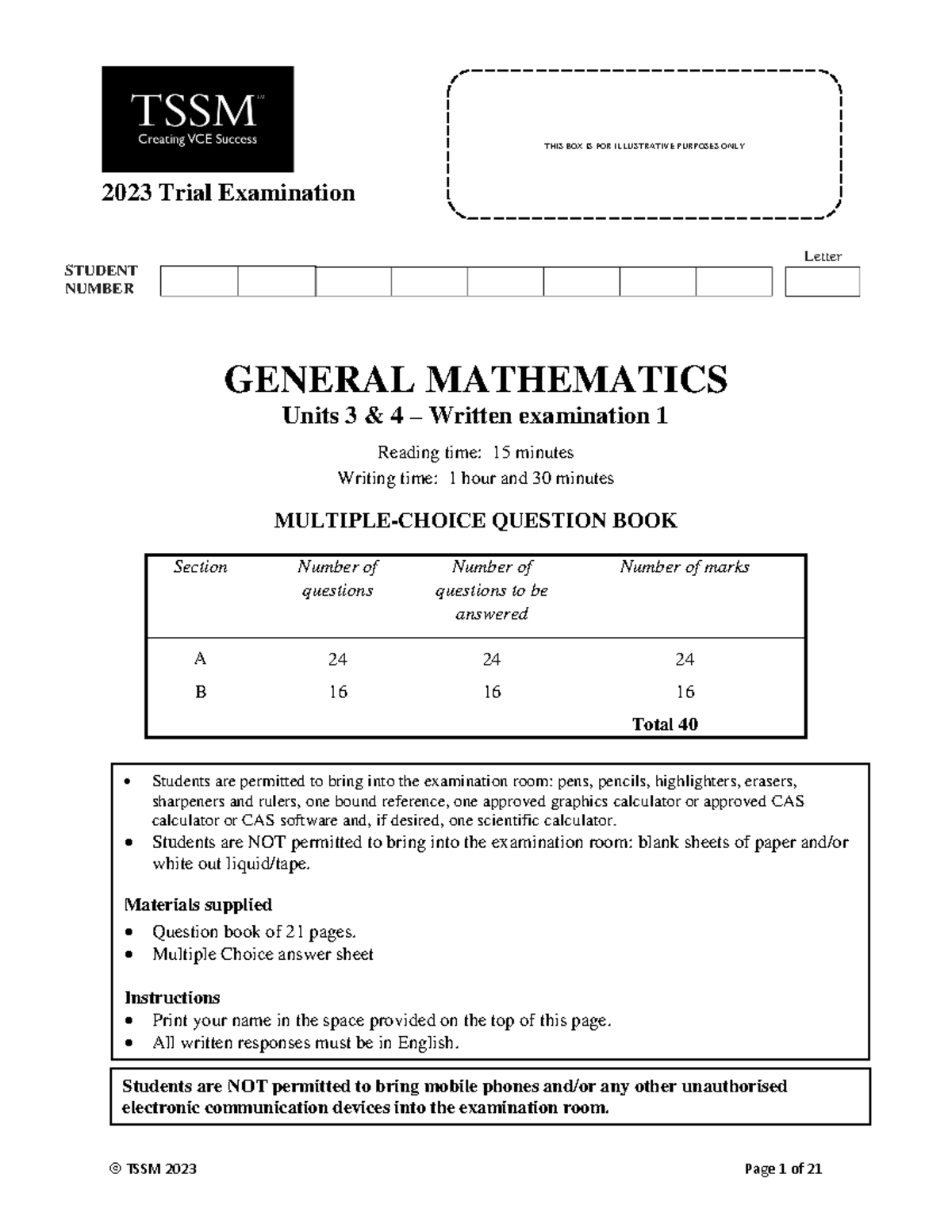 General Mathematics Units 3 & 4 Trial Exam 1 - 2023 - Studocu