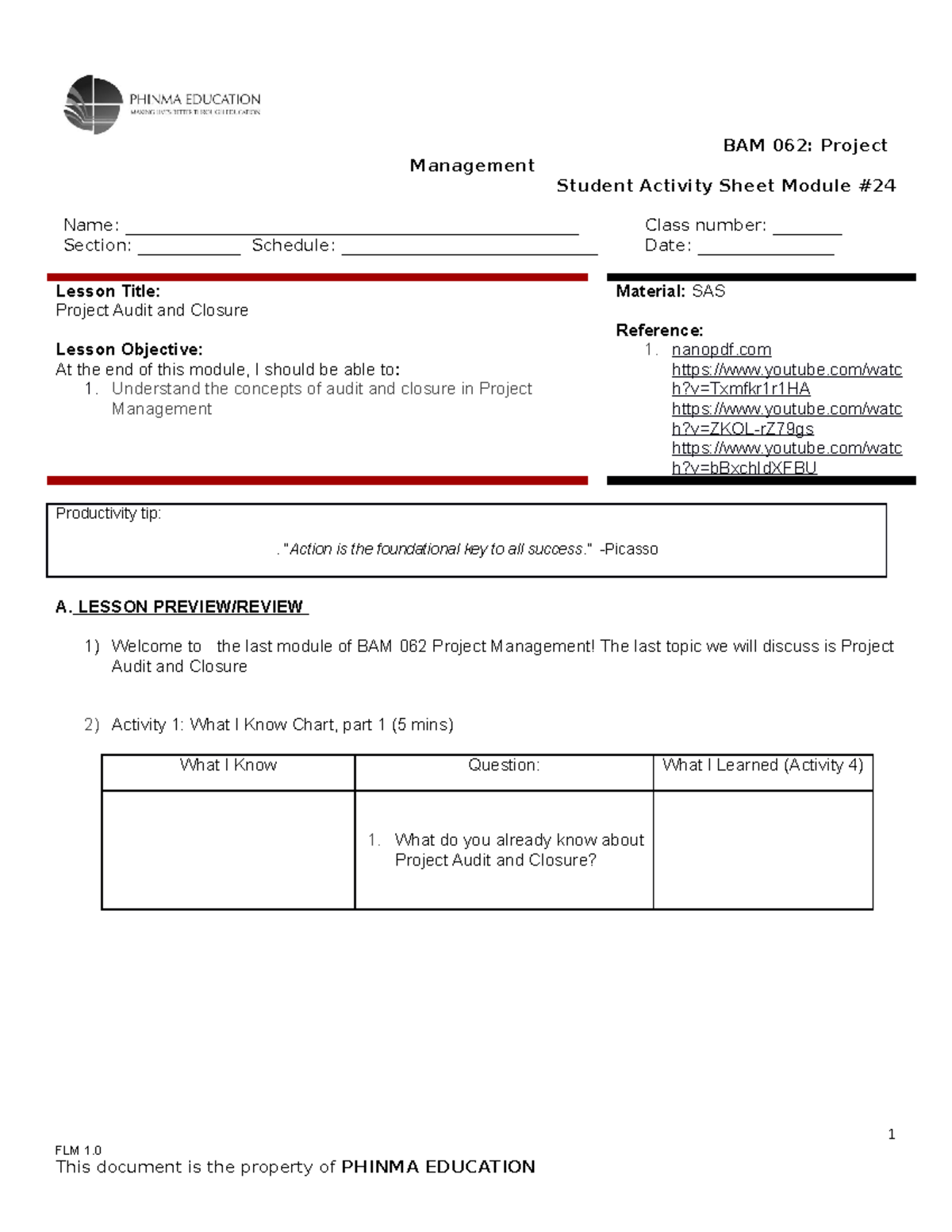 SAS#24-BAM 062 Project Audit and Closure - Management Student Activity ...