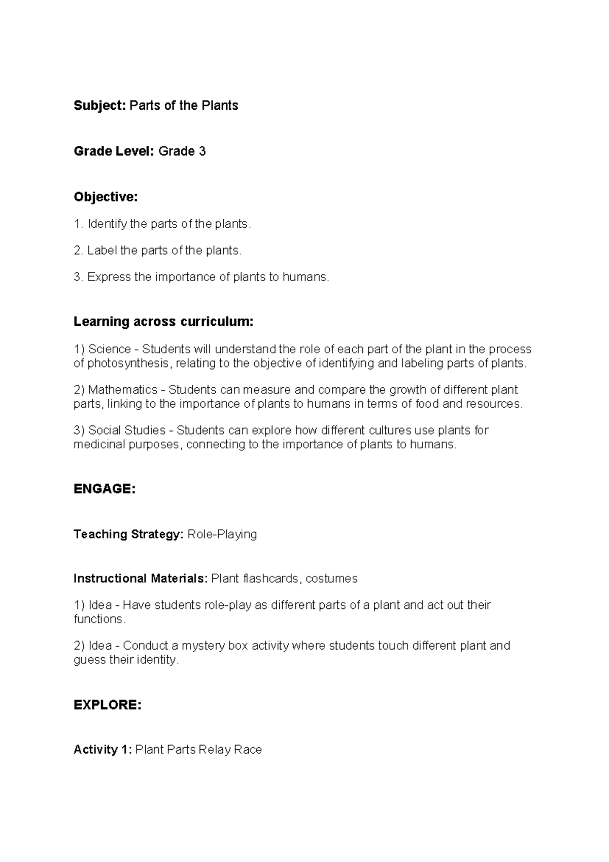 Lesson Plan: Parts of the Plants for Grade 3 - Engaging Activities - Studocu