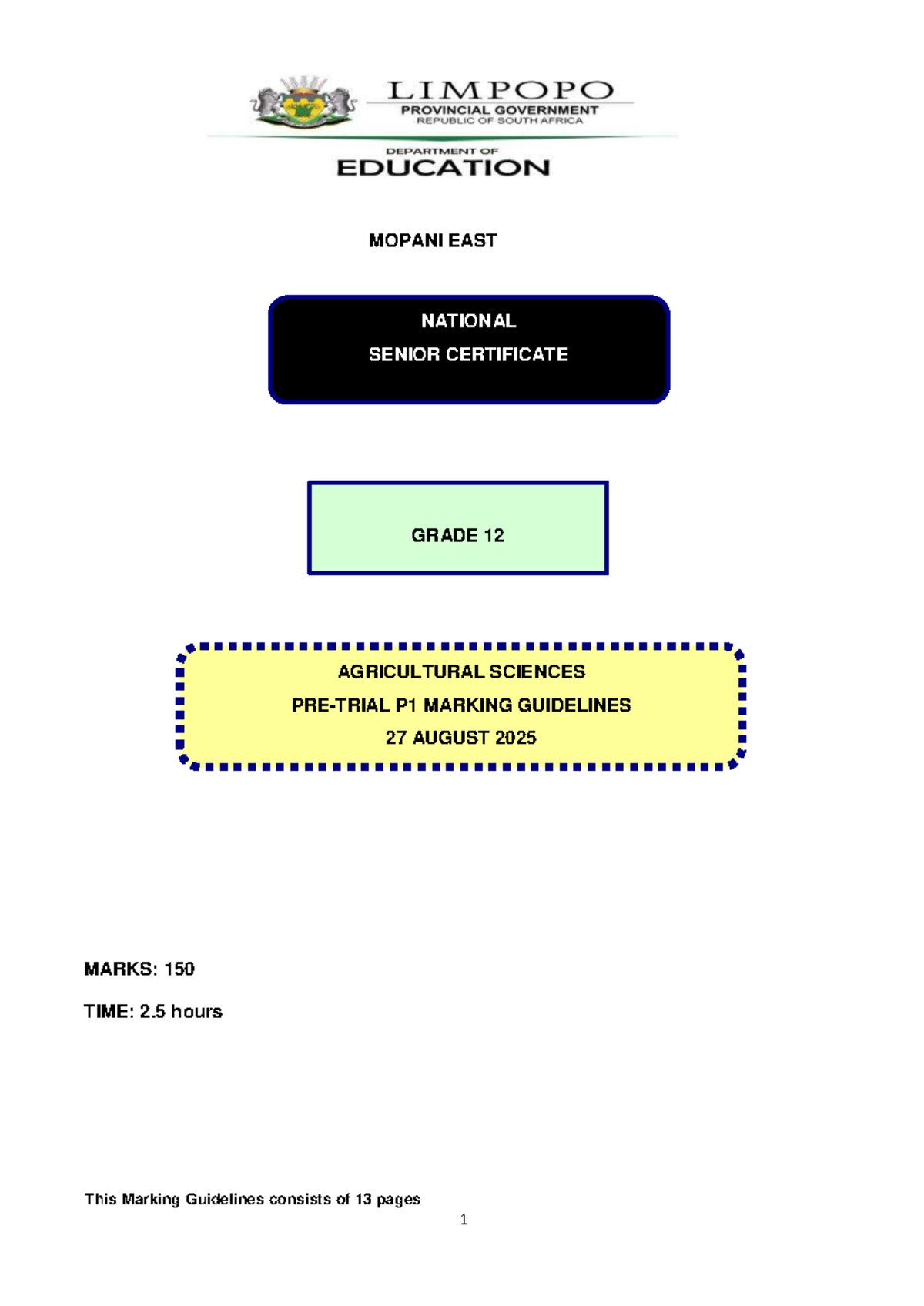 AGRS 12 Pre-Trial P1 Marking Guidelines 2025 - Studocu