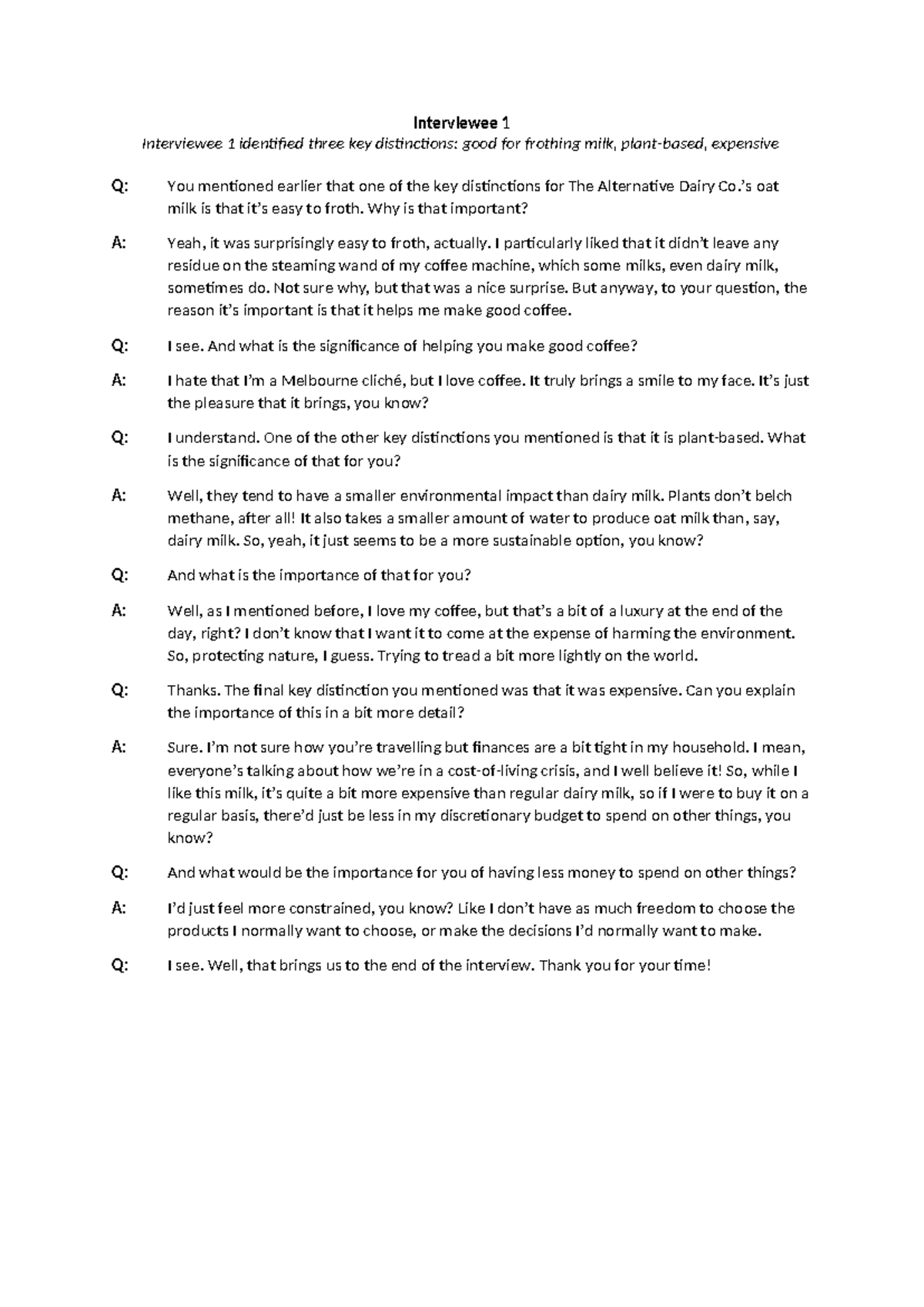 Assignment 1 - Oat Milk Interview Transcripts Analysis - Studocu