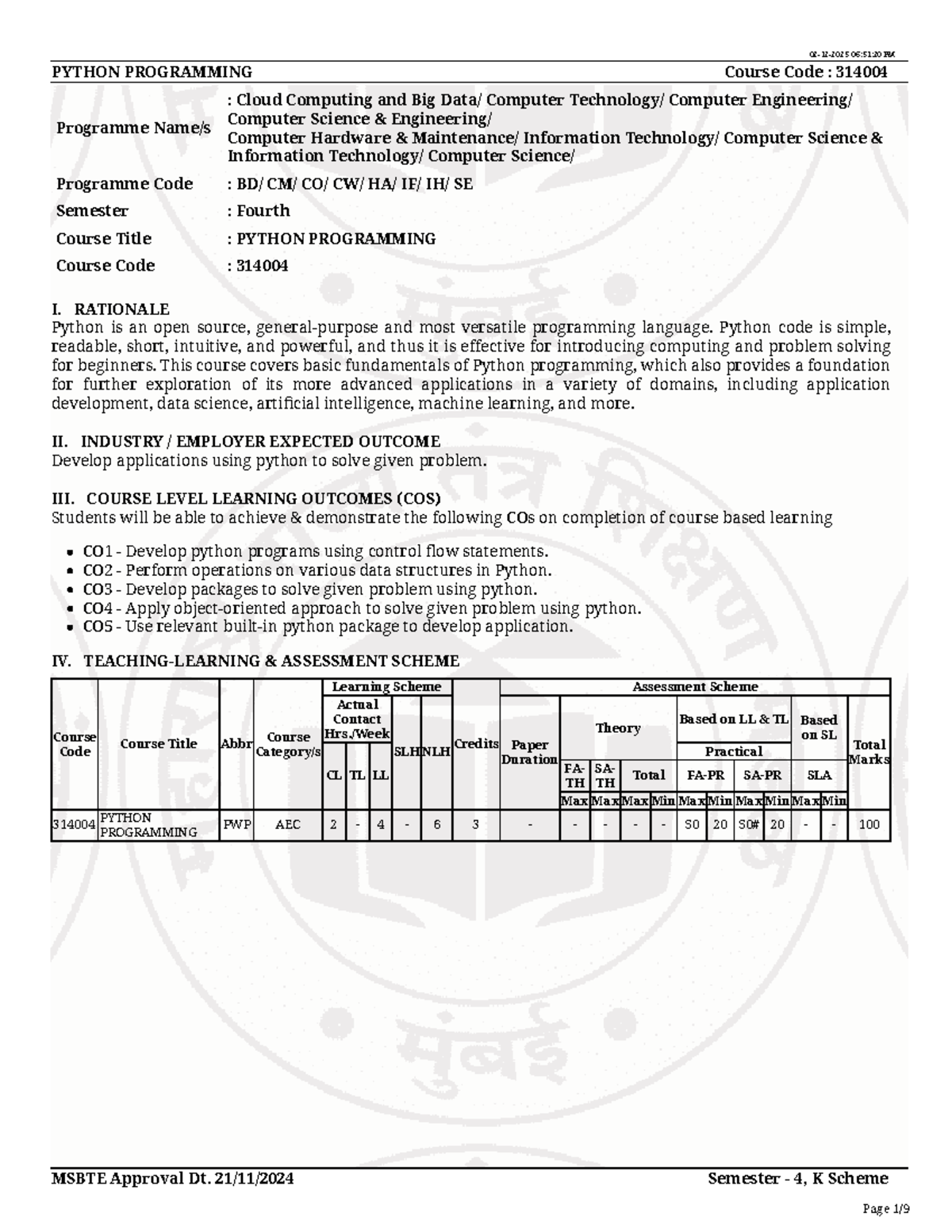 314004 PYTHON PROGRAMMING Course Overview and Learning Outcomes - Studocu