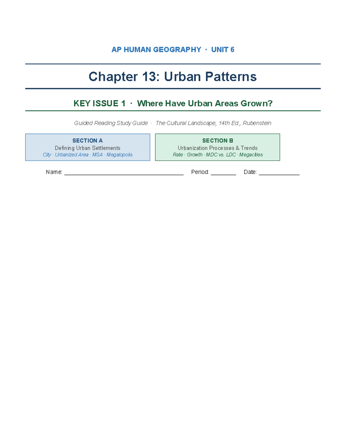 AP HUMAN GEOGRAPHY UNIT 6 Chapter 13: Urban Patterns Study Guide - Studocu