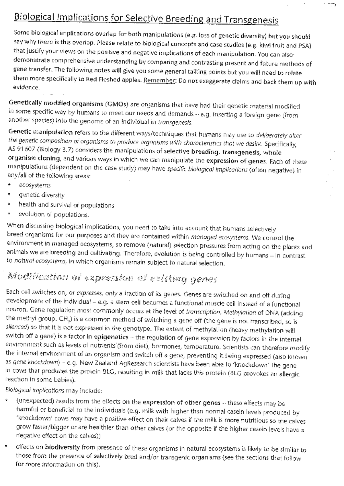 Biological Implications of Selective Breeding & Transgenesis (AS 91607 ...