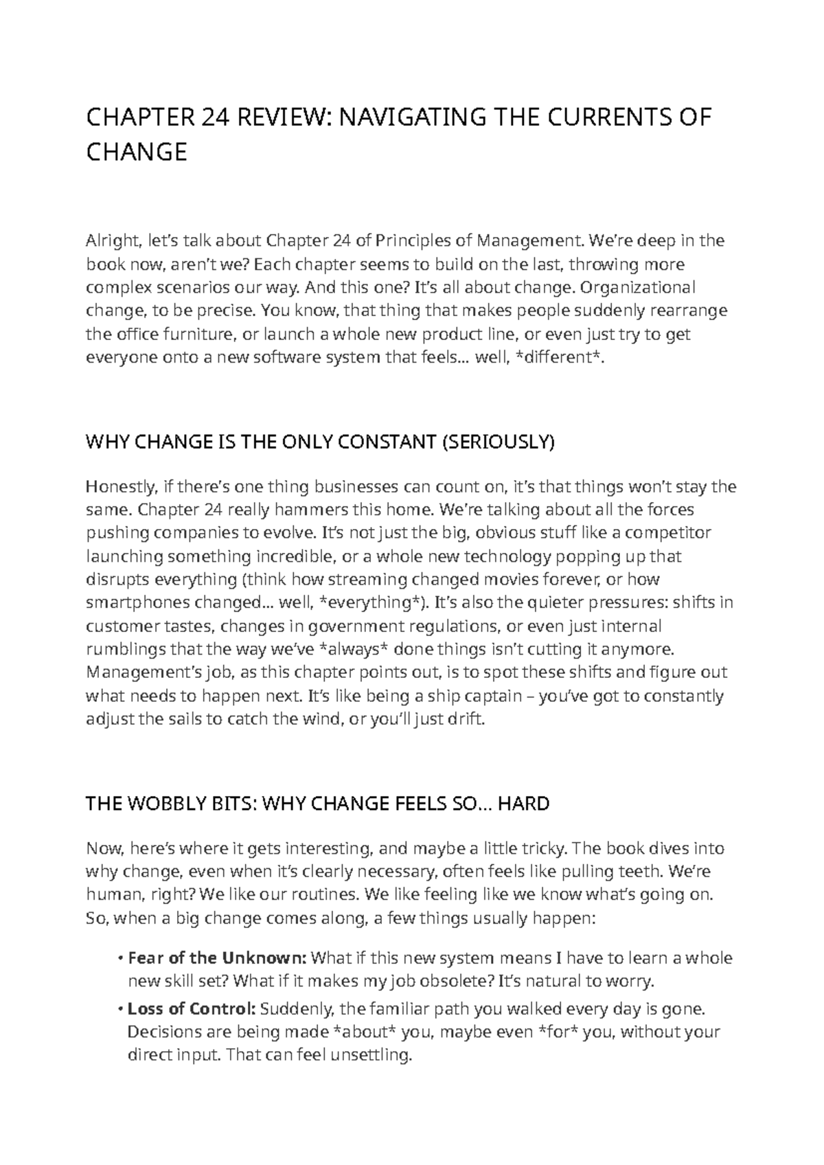 CHAPTER 24 REVIEW: NAVIGATING ORGANIZATIONAL CHANGE IN MANAGEMENT - Studocu