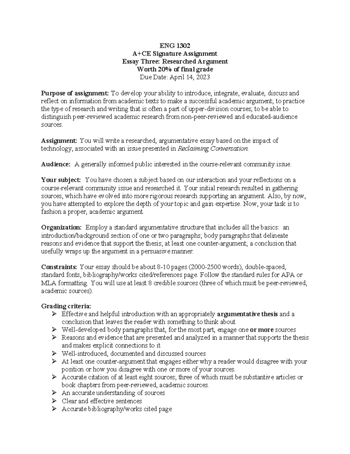 ENG 1302 Final Essay: Researched Argument on Technology Impact - Studocu