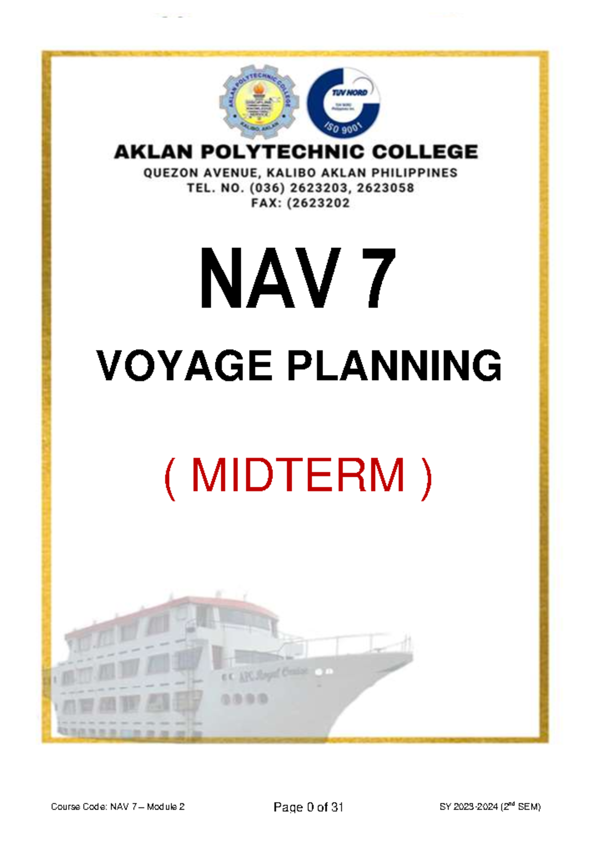 NAV 7 Voyage Planning Module Midterm Study Notes - Studocu
