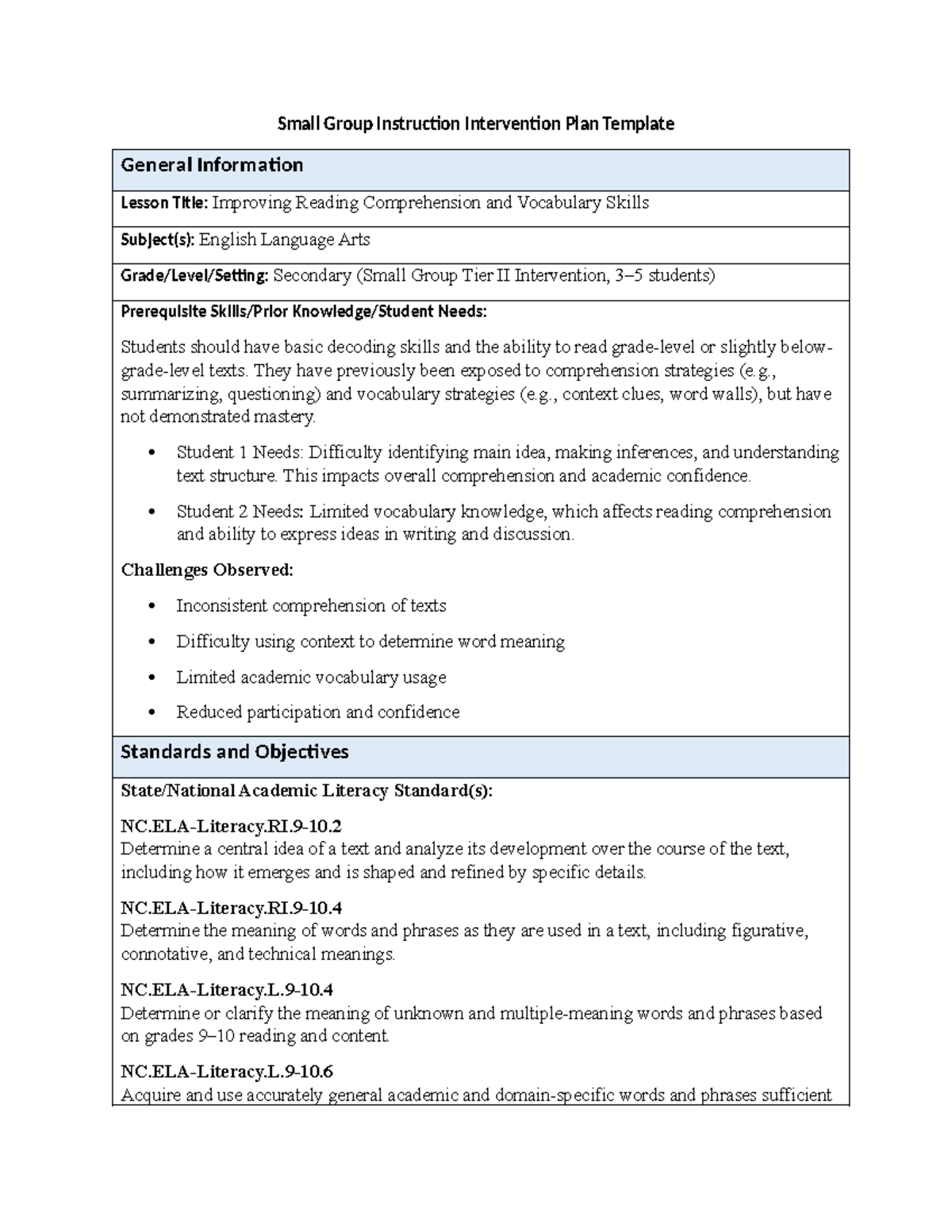 Small Group Instruction Intervention Plan: Improving Reading Skills ...