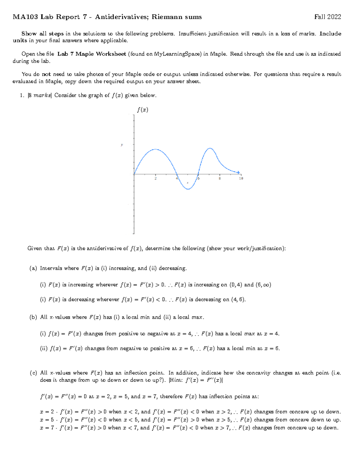 MA103 Lab 7 Solutions - MA103 Lab Report 7 - Antiderivatives; Riemann ...