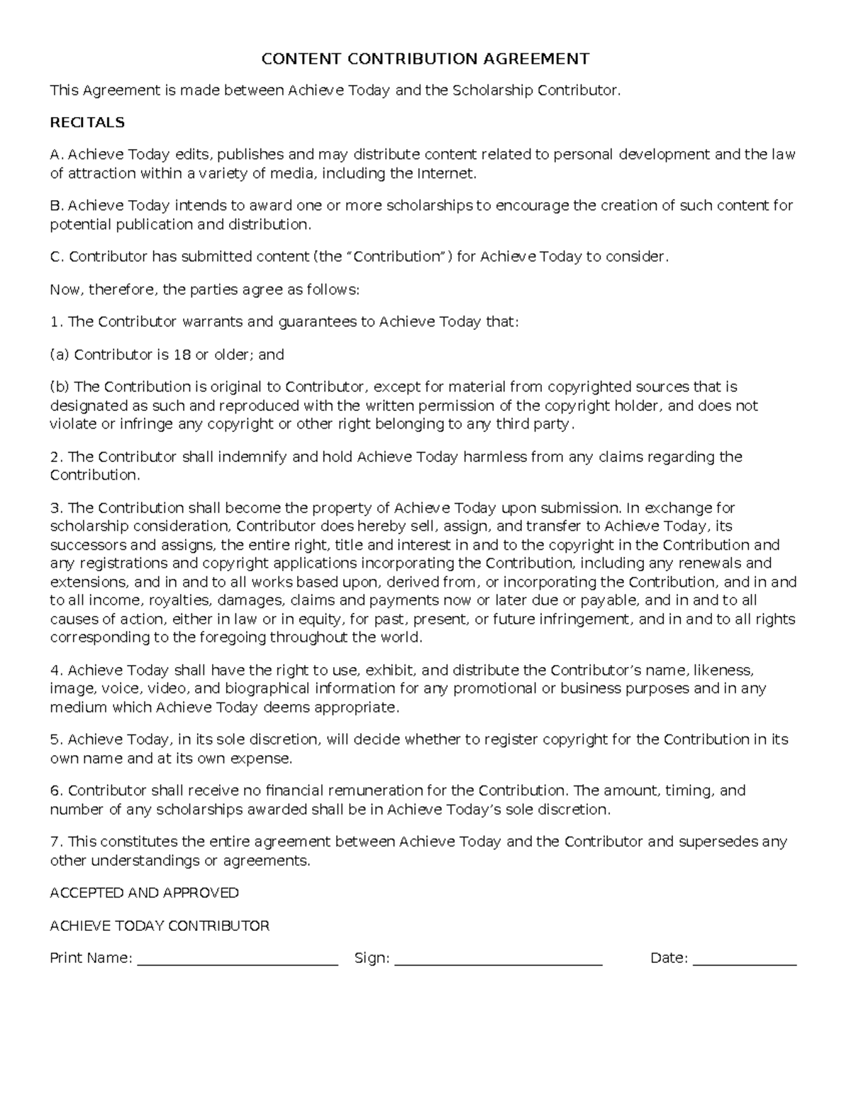 Content Contribution Agreement for Scholarship Consideration - Studocu