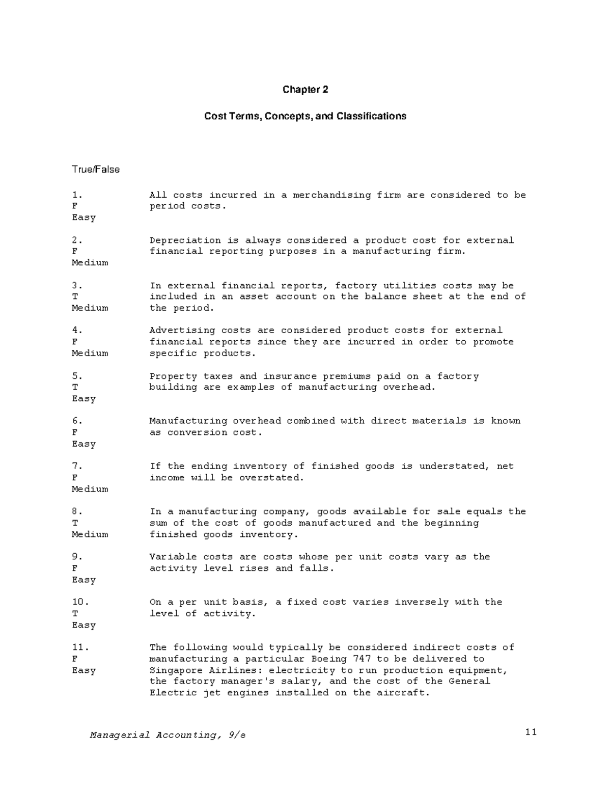 Test Bank for Chapter 2: Cost Concepts Analysis & Solutions - Studocu