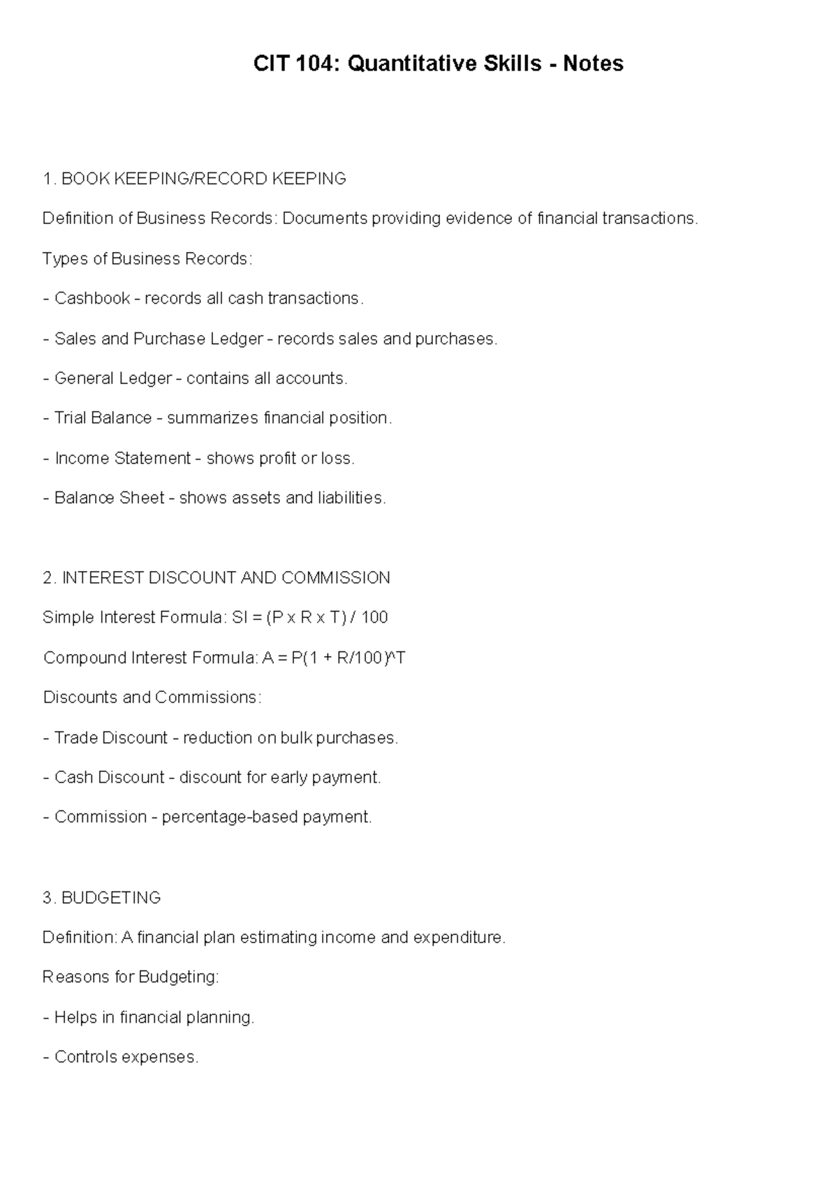 CIT 104: Comprehensive Notes on Quantitative Skills and Finance - Studocu