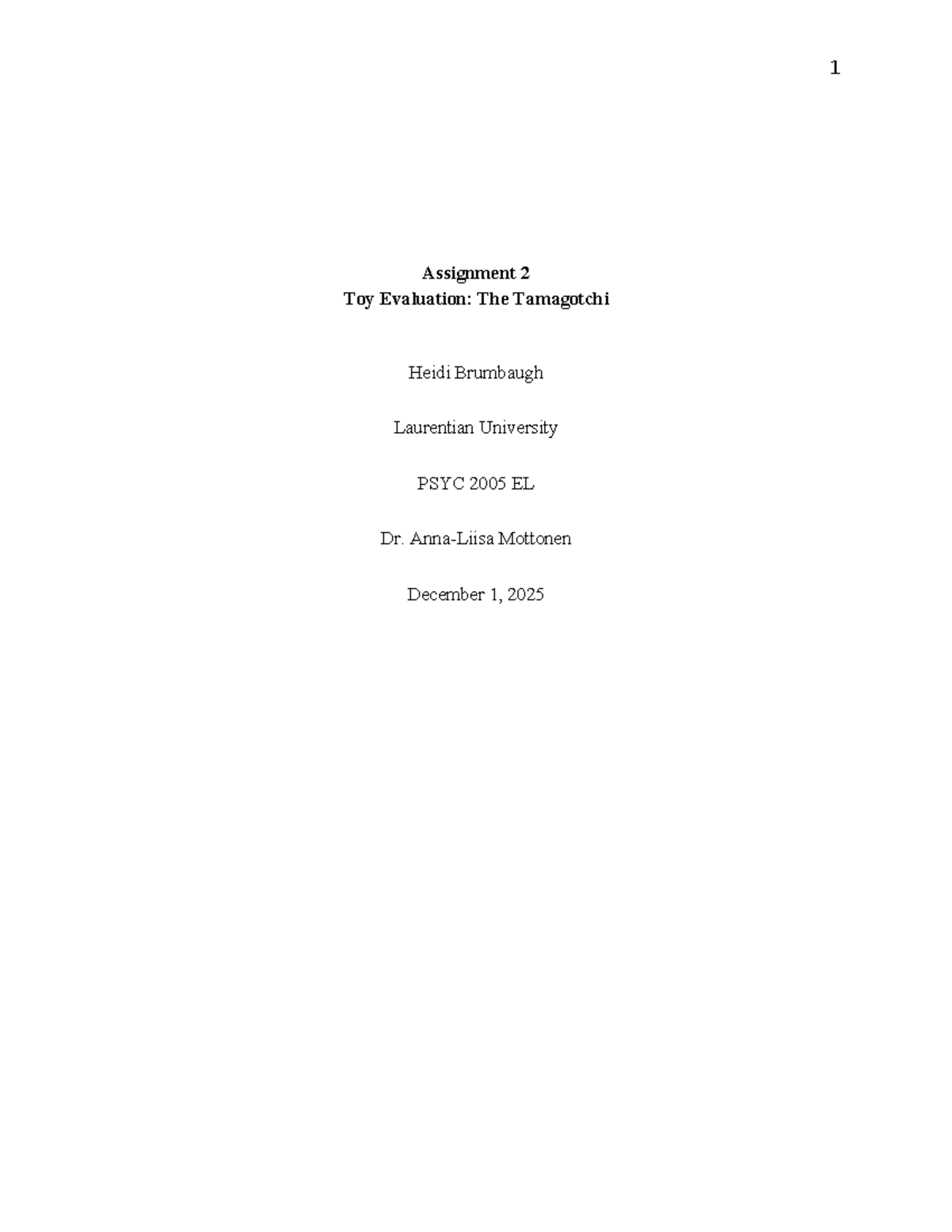 PSYC 2005 EL - Assignment 2: Evaluating the Tamagotchi Toy - Studocu