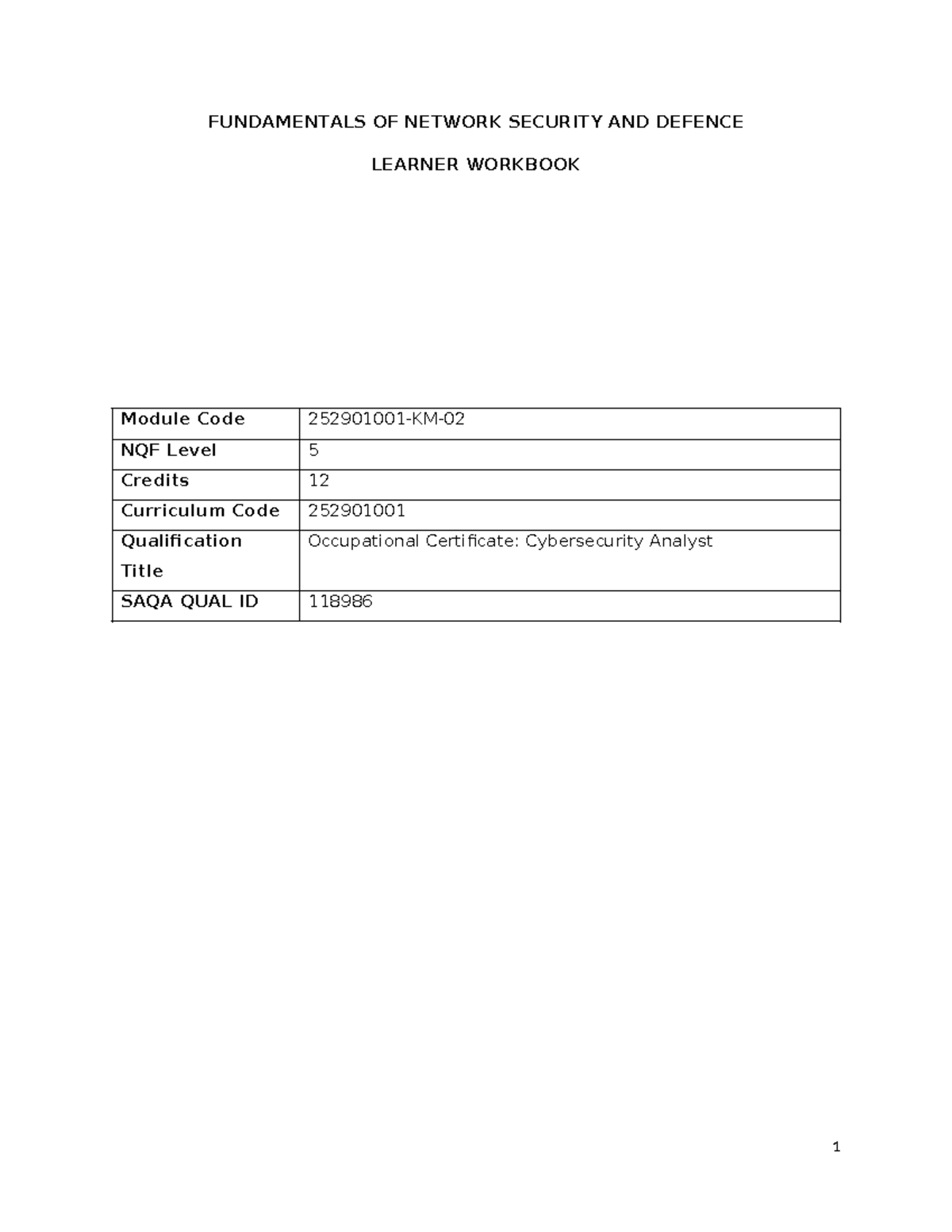 Fundamentals of Network Security & Defence: Learner Workbook (252901001 ...