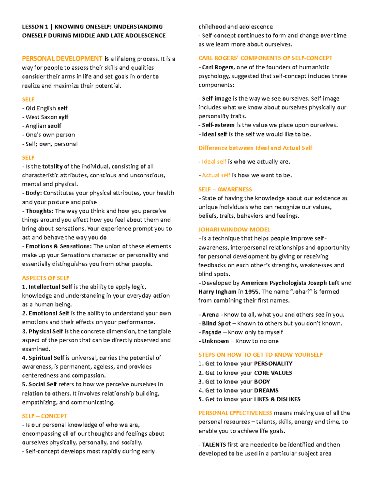 Personal Development Lesson Notes Q1: Knowing Oneself & Growth - Studocu