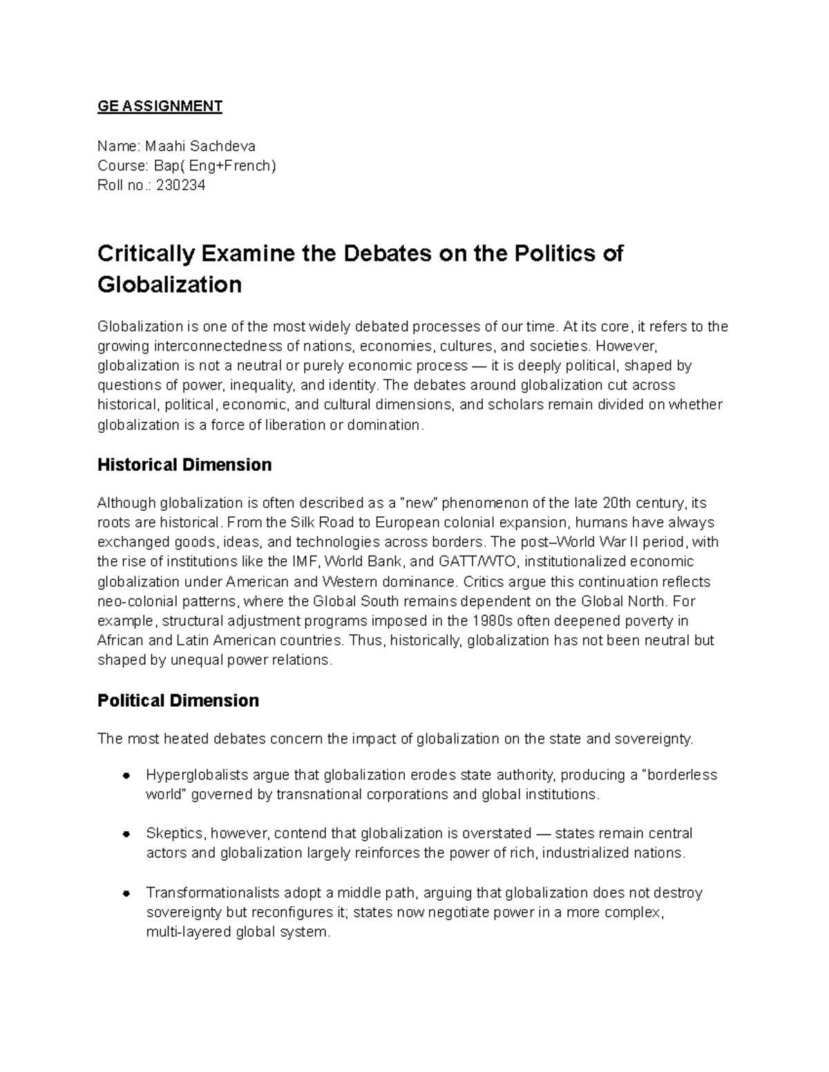 GE BAP Assignment: Examining the Politics of Globalization - Studocu