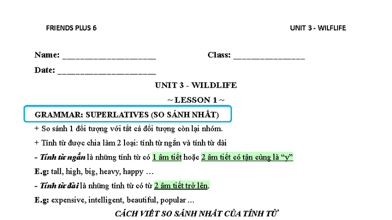 FRIENDS PLUS 6 - UNIT 3 (LESSON 1) - GRAMMAR: SUPERLATIVES - Studocu