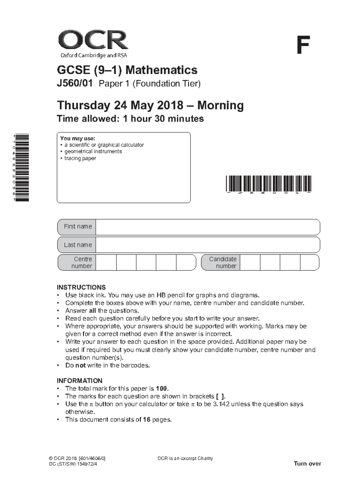 OCR GCSE Mathematics Paper 1 (Foundation Tier) - May 2018 Exam - Studocu