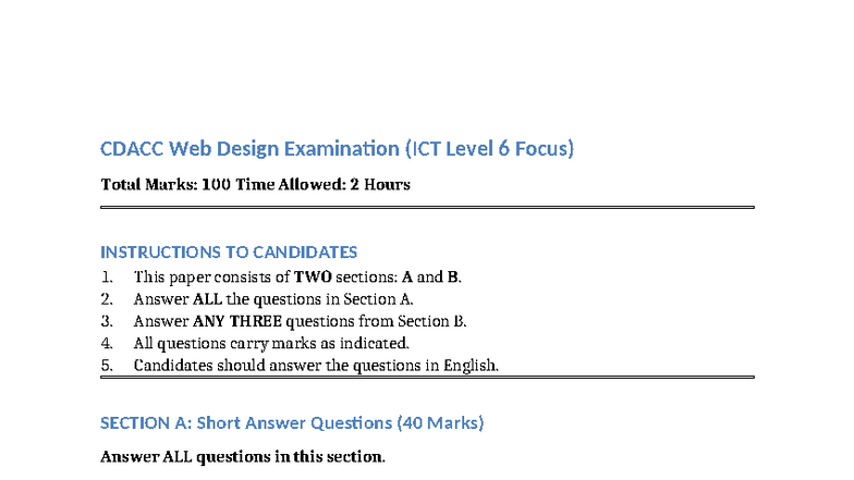 CDACC ICT Level 6 Web Design Exam: Short & Long Answer Questions - Studocu