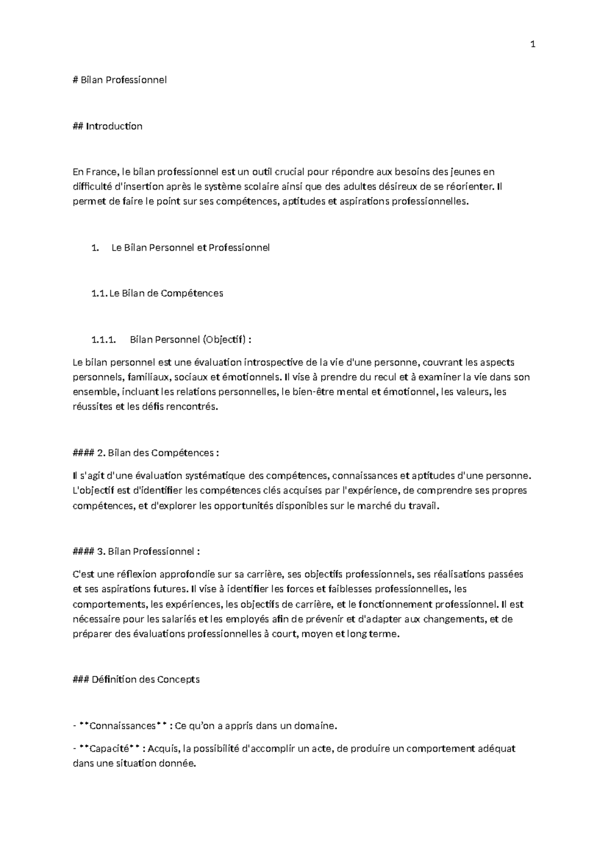 Résumé du Bilan Professionnel en France - Studocu
