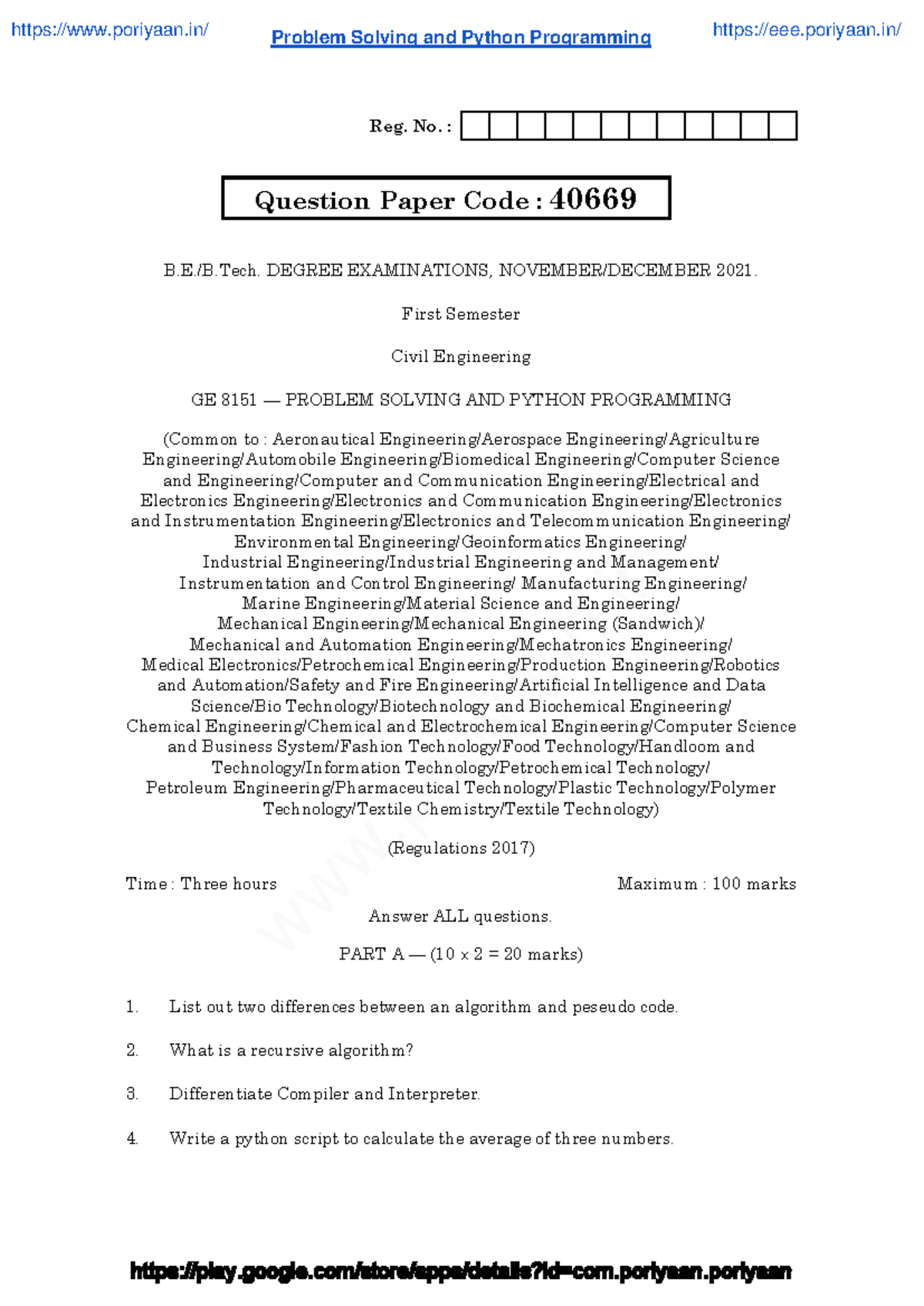 GE 8151 - Problem Solving and Python Programming Exam Questions (2021 ...