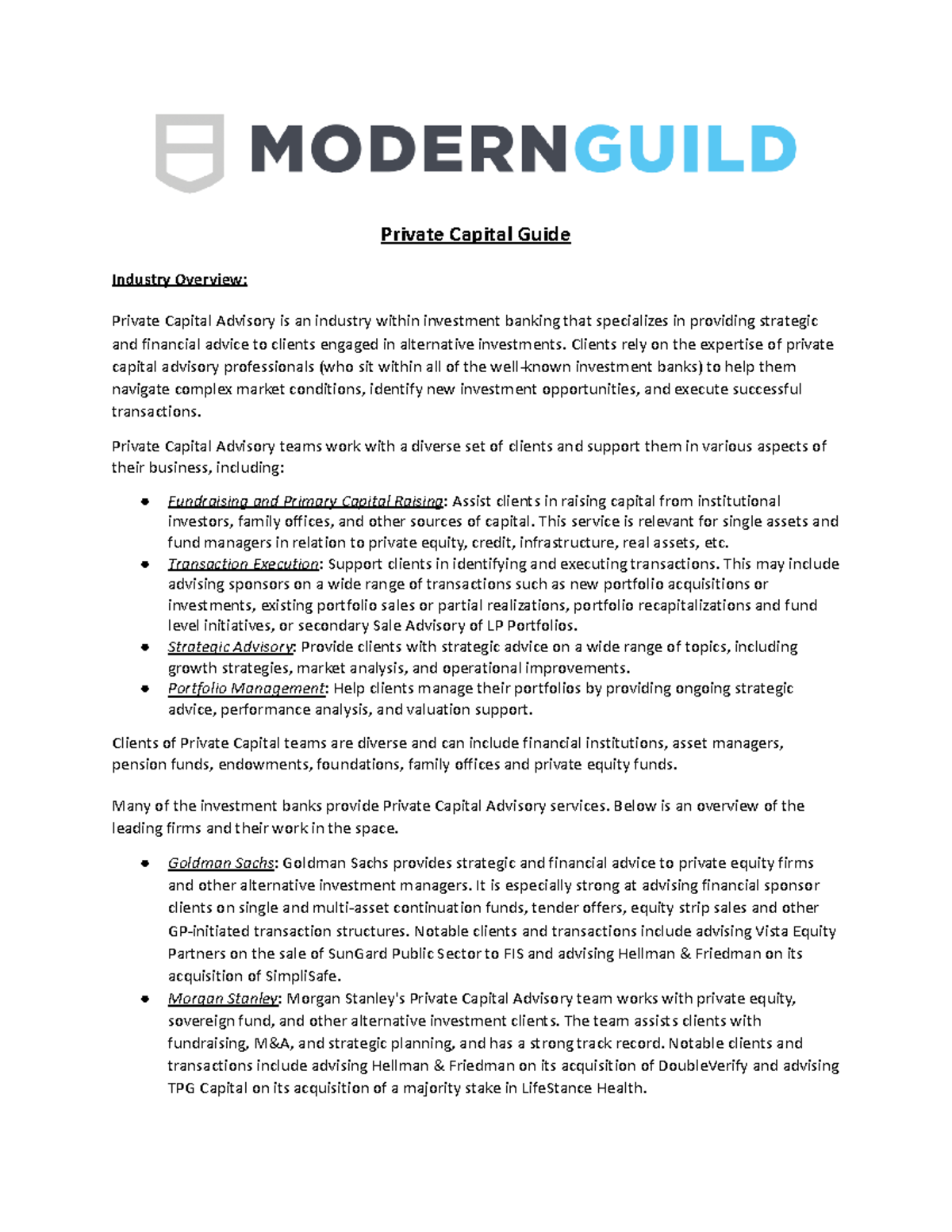 Private Capital Advisory Overview: Key Insights & Analyst Role - Studocu