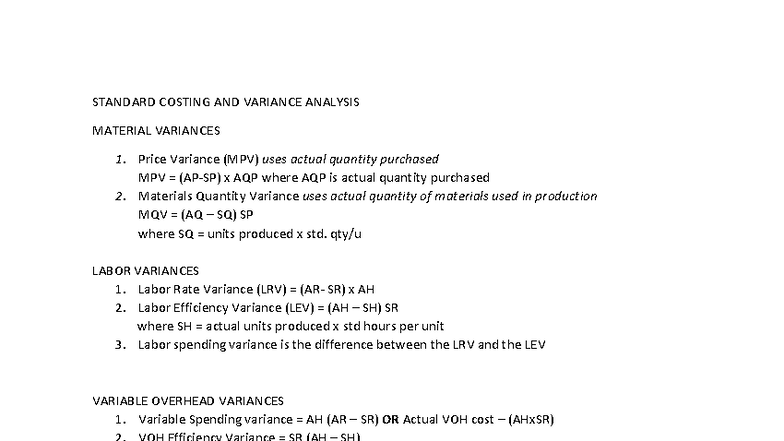 STD & VAR Formulas: Material & Labor Variance Analysis Notes - Studocu